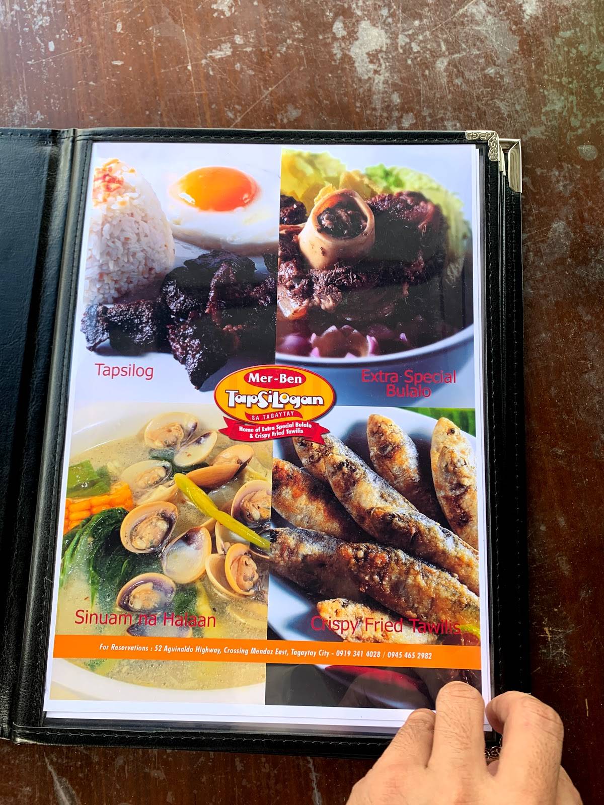 Menu at Mer-Ben Tapsilogan restaurant, Laurel, 53 Emilio Aguinaldo Highway