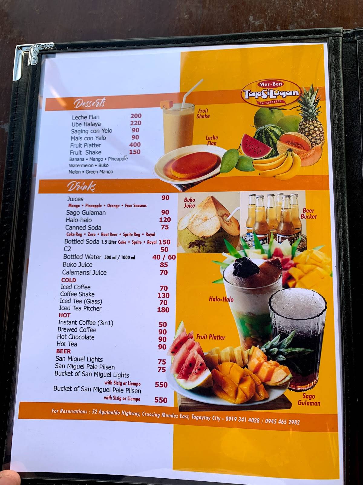 Menu at Mer-Ben Tapsilogan restaurant, Laurel, 53 Emilio Aguinaldo Highway