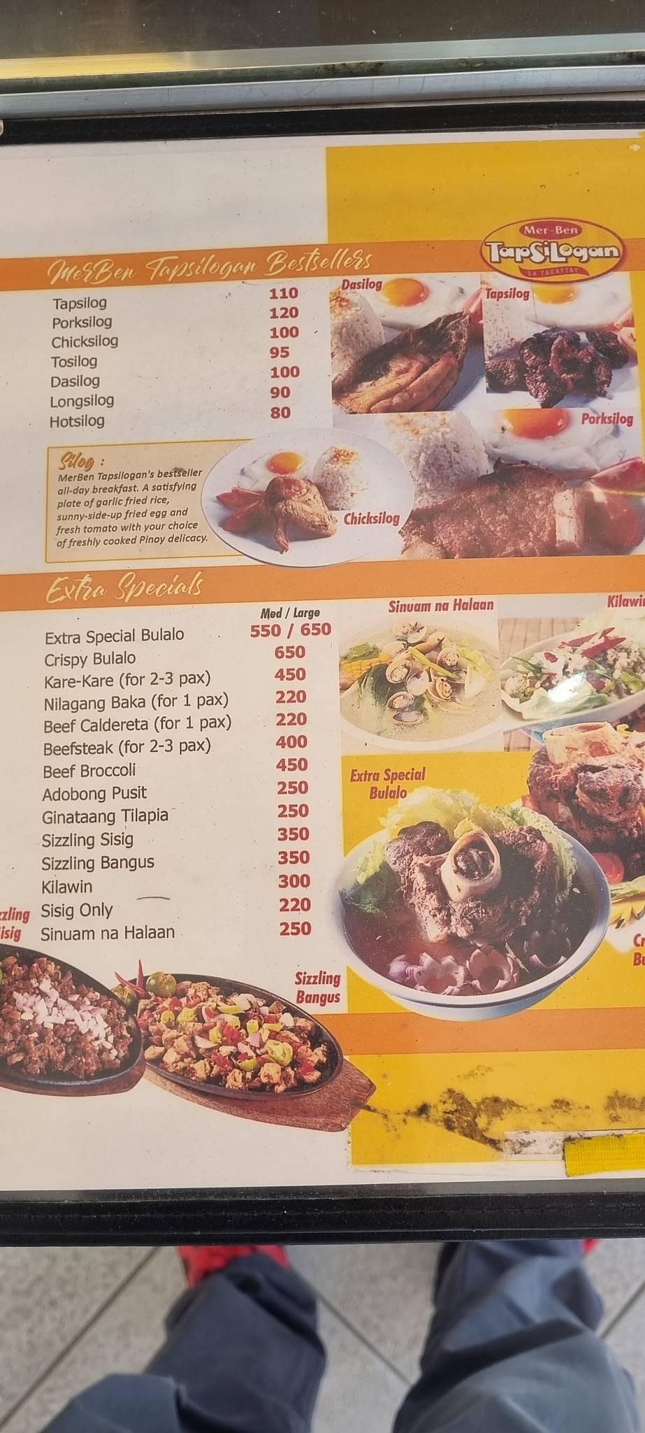 Menu at Mer-Ben Tapsilogan restaurant, Laurel, 53 Emilio Aguinaldo Highway