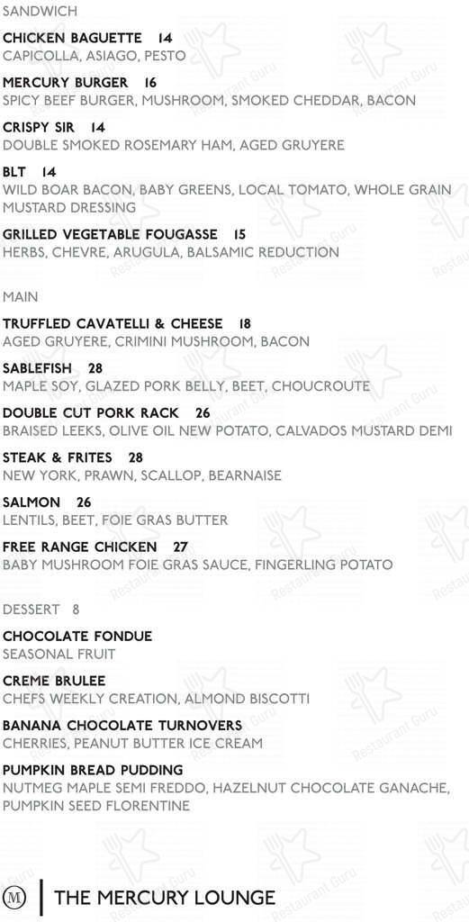 Menu at Mercury Lounge pub & bar, Calgary