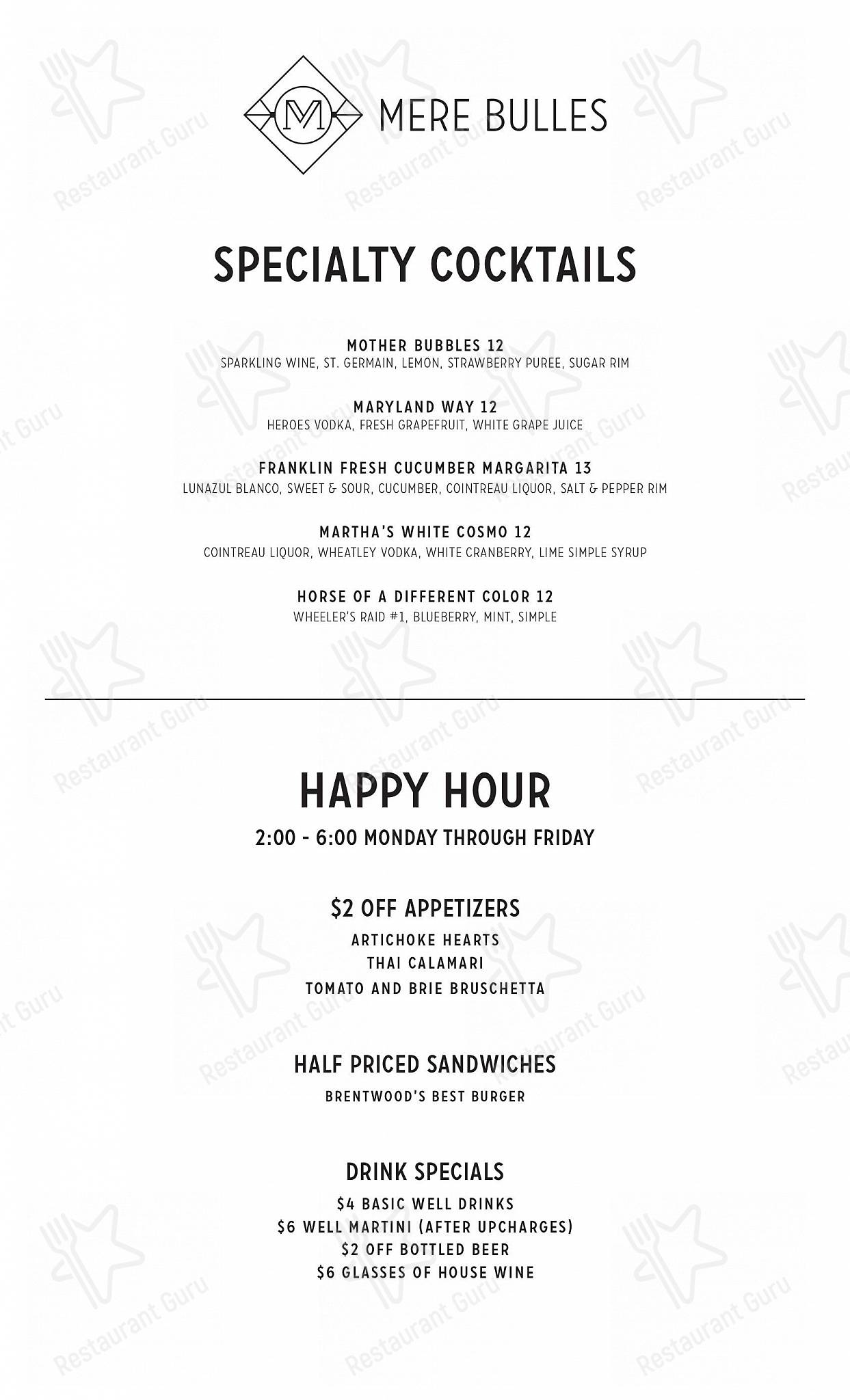 Menu at Mere Bulles Restaurant & Events, Brentwood
