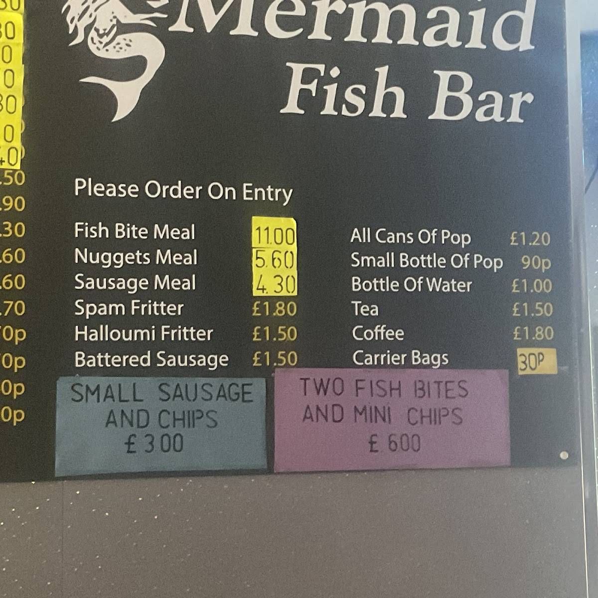 Menu at Mermaid Fish Bar, Leeds