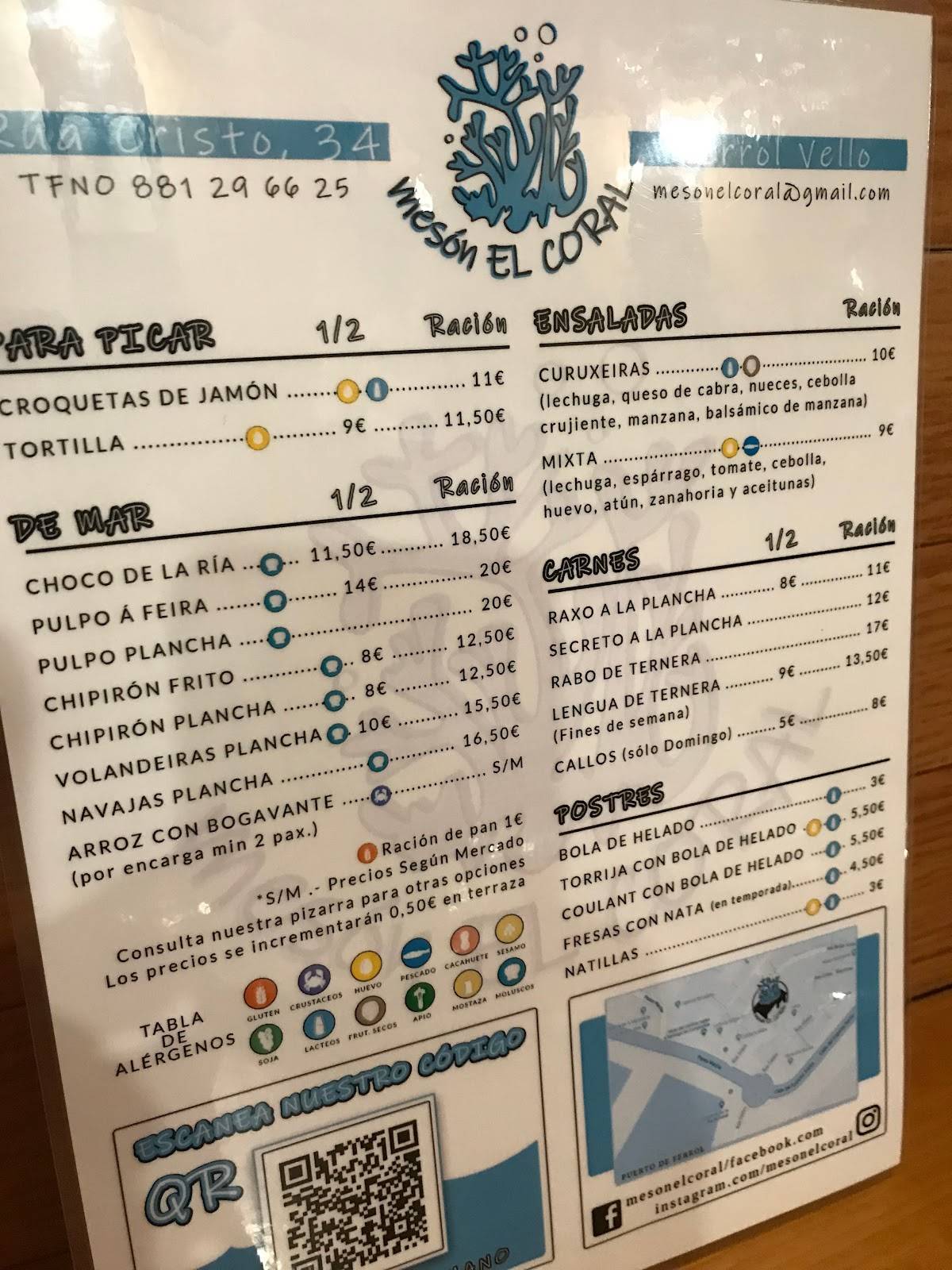 Carta del restaurante Mesón El Coral, Ferrol