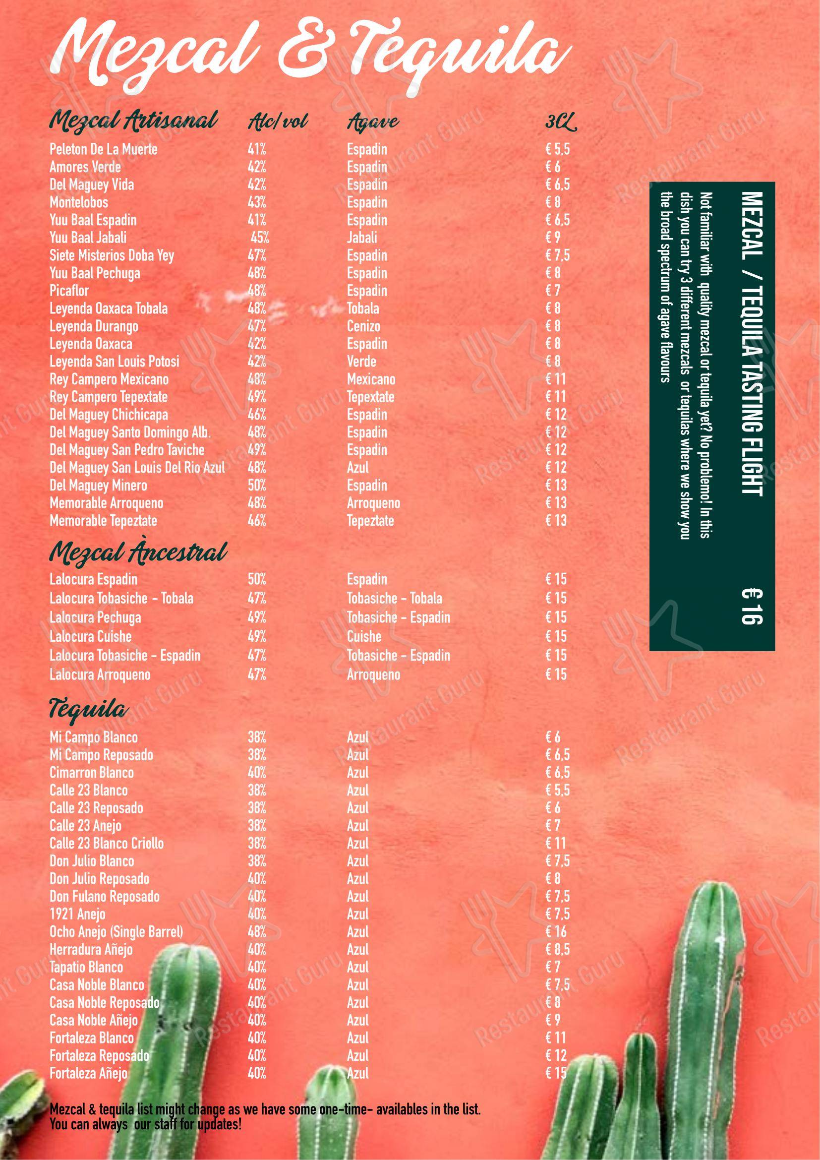 Menu at Mexcalli, Ghent, Bibliotheekstraat 1