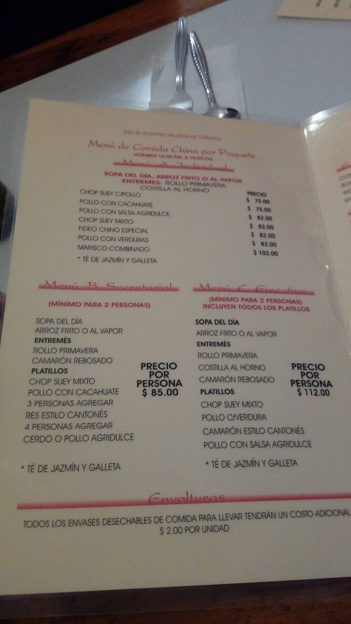Carta del restaurante Kam Ling, Ciudad del México, Calz del Guadalupe 460