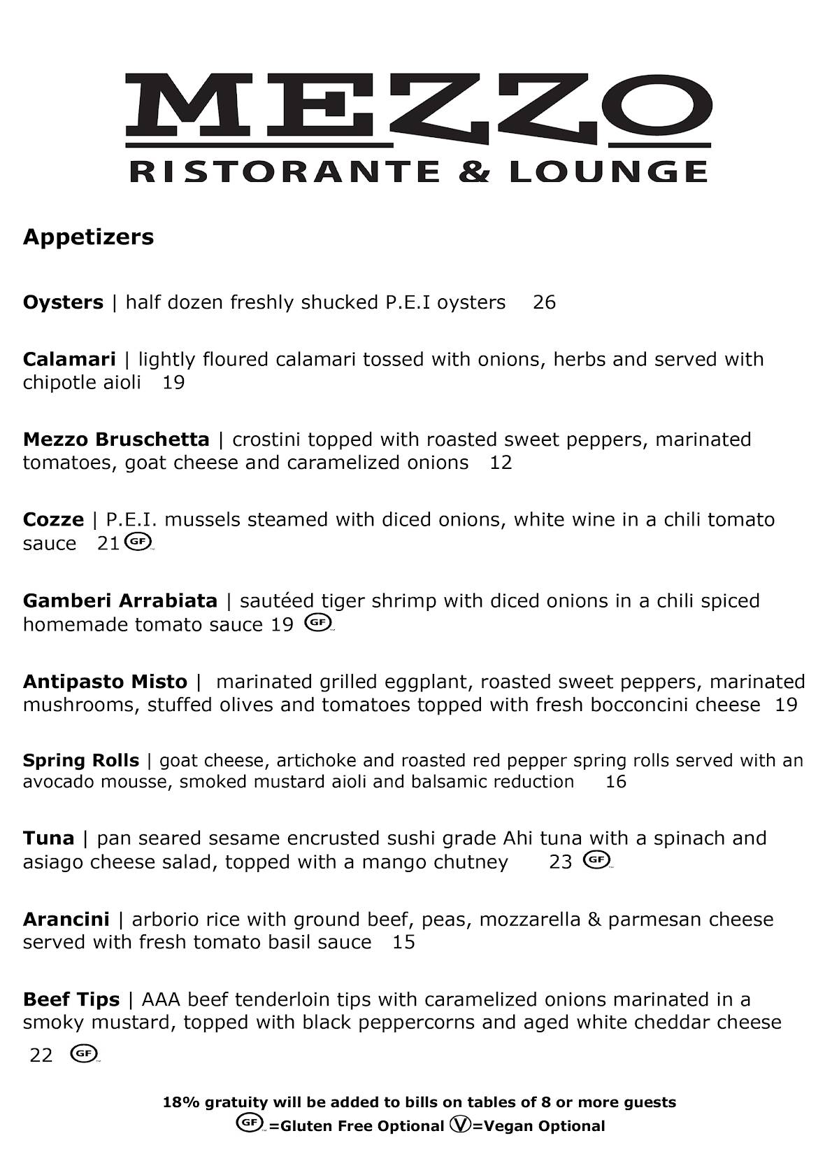 Menu at Mezzo Ristorante & Lounge restaurant, Windsor