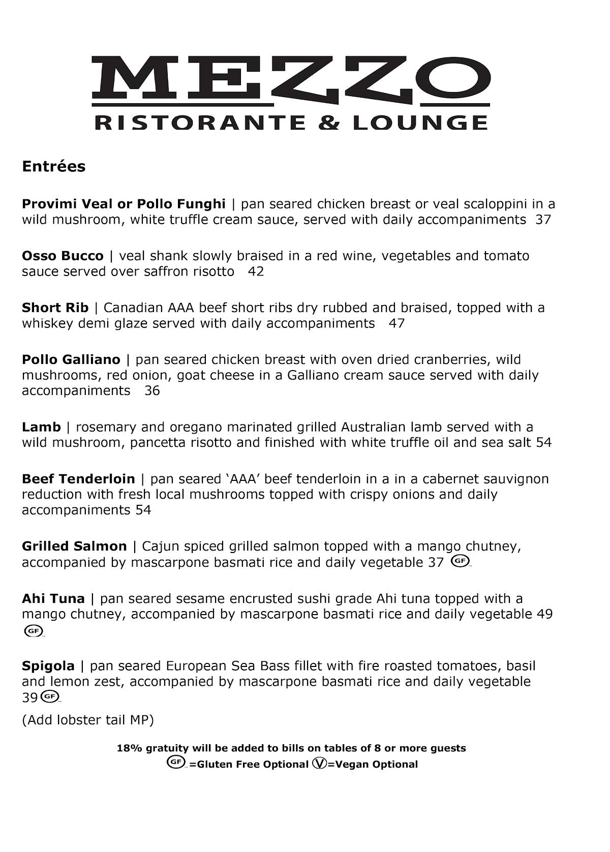 Menu at Mezzo Ristorante & Lounge restaurant, Windsor