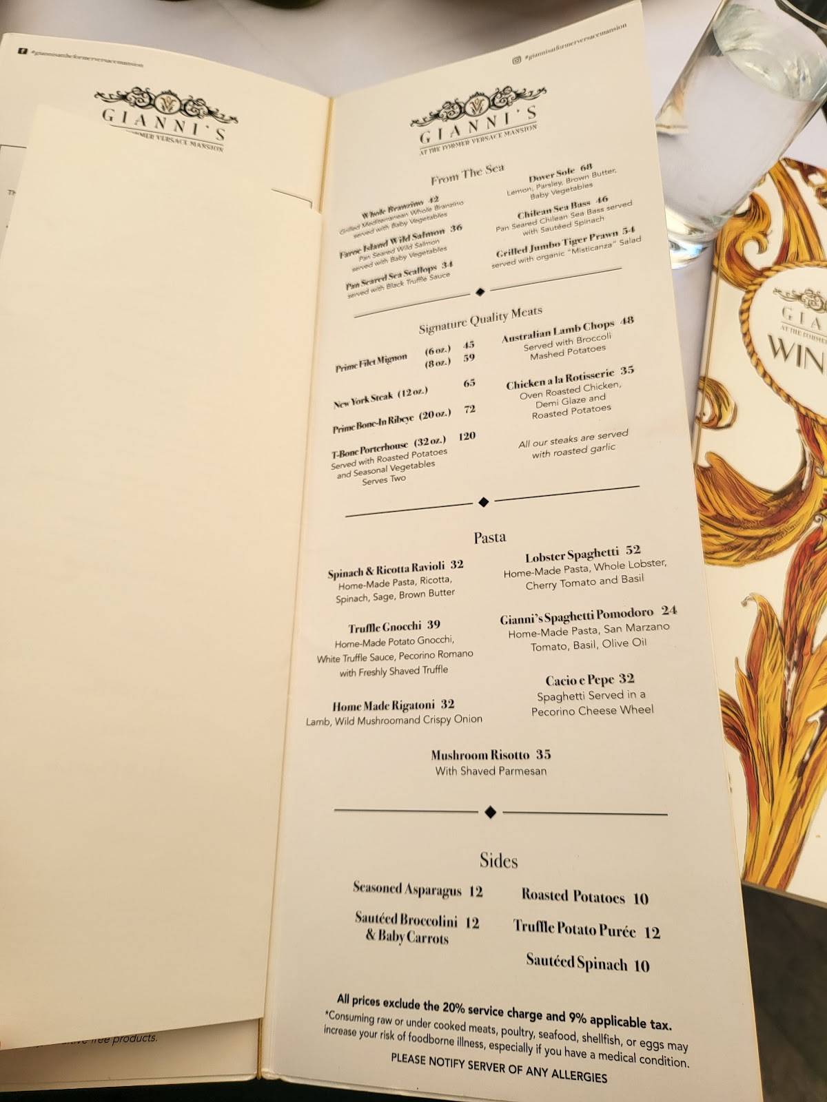 Menu at Gianni's At The Former Versace Mansion restaurant, Miami Beach