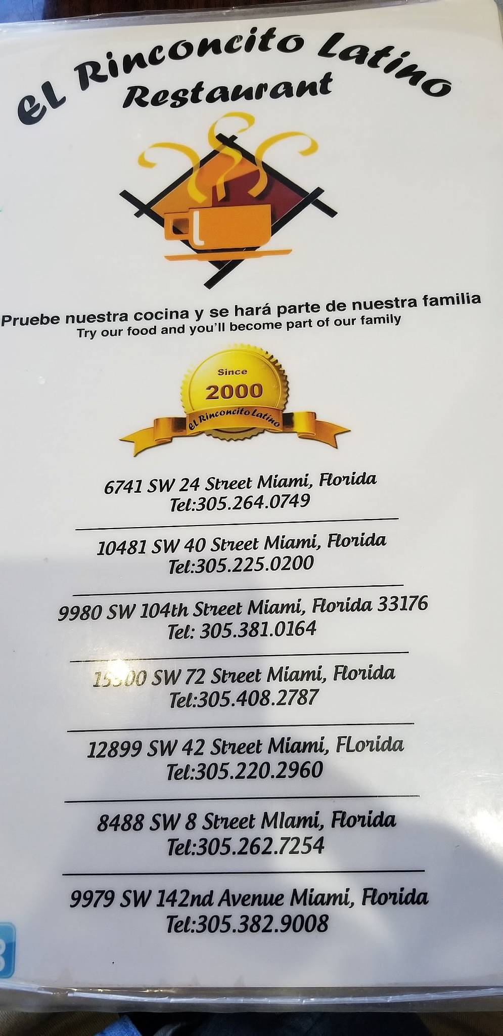 Menu at El Rinconcito Latino Coral Way restaurant, Miami, SW 24th St