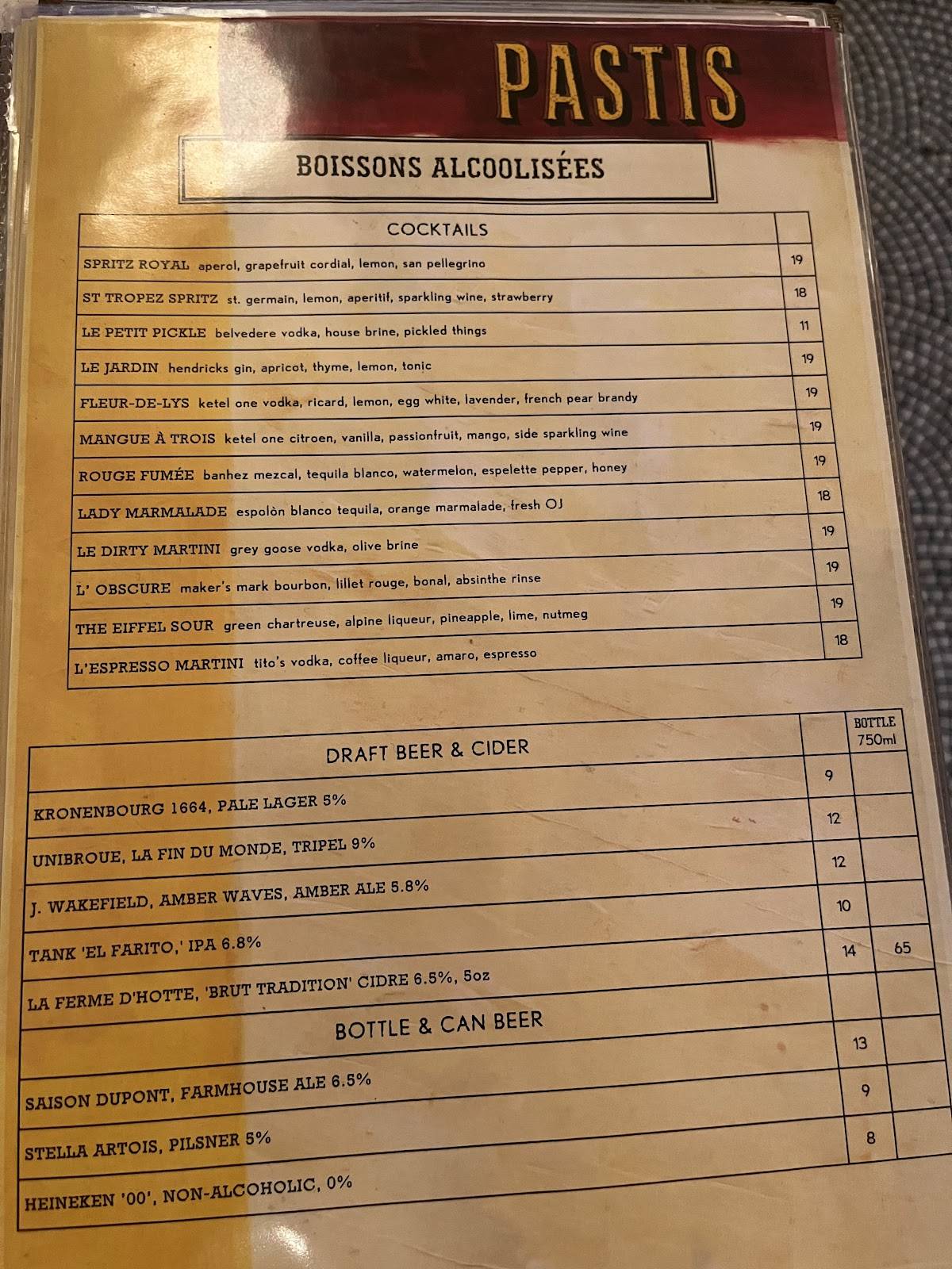 Menu at Pastis Miami restaurant, Miami