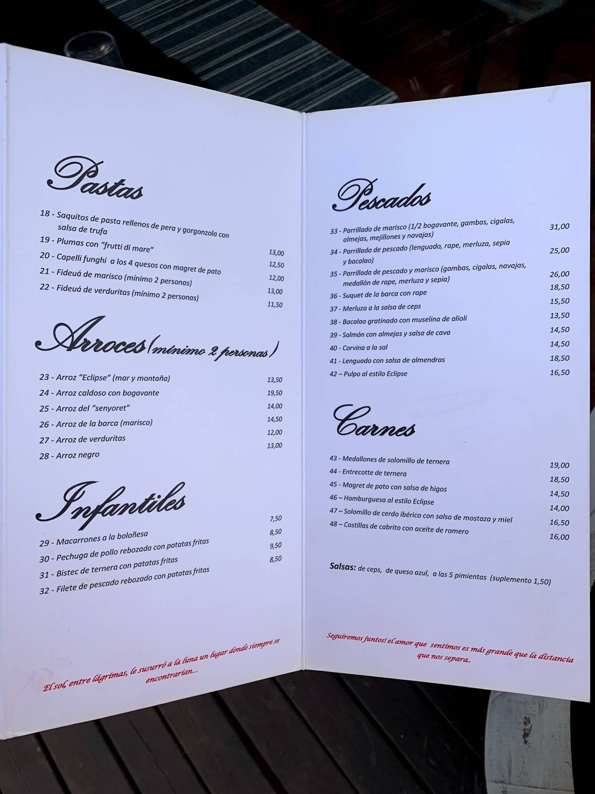 Menu at Restaurante Eclipse, Miami Platja