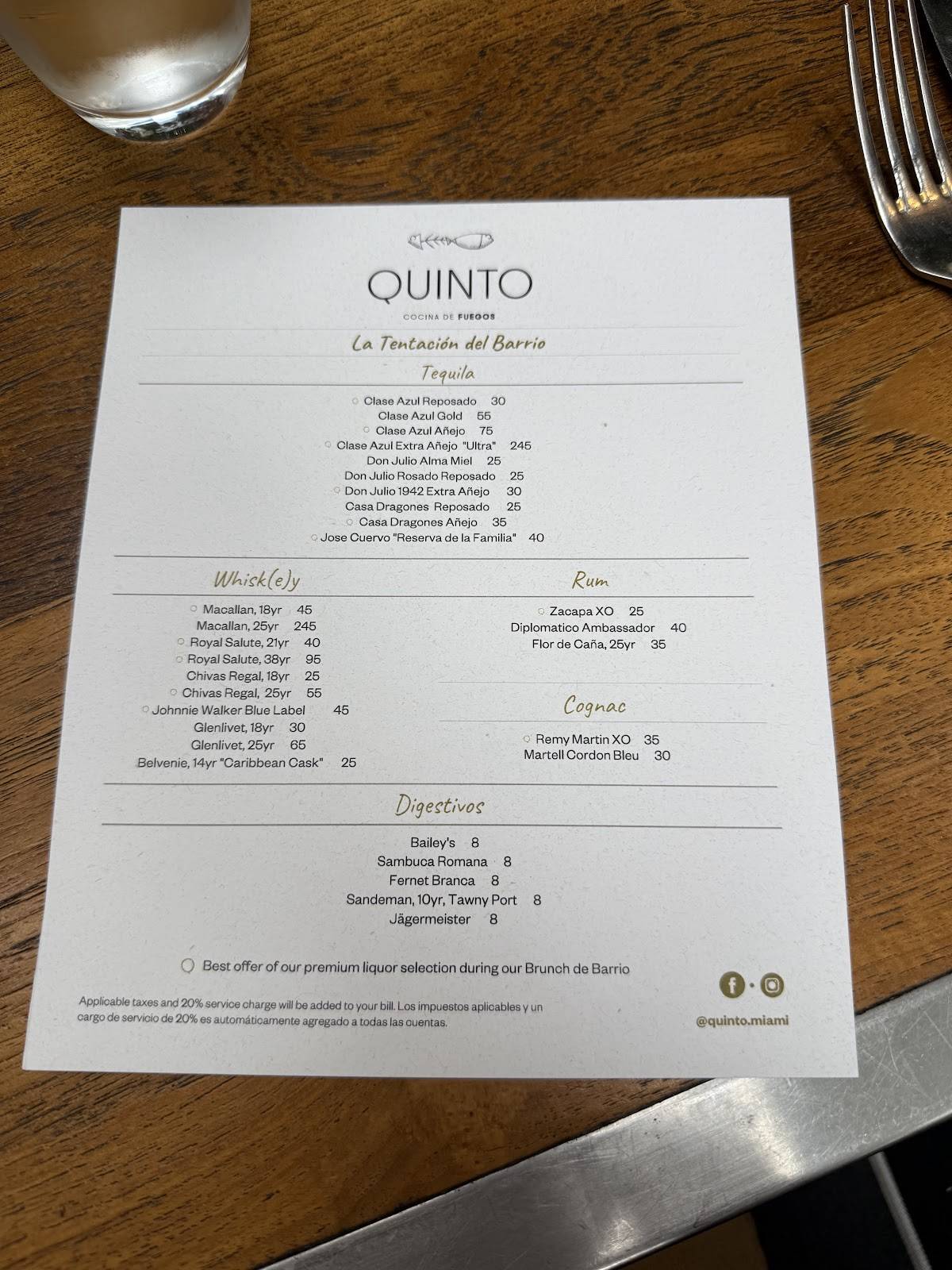 Menu at Quinto Miami steakhouse, Miami, 788 Brickell Plaza