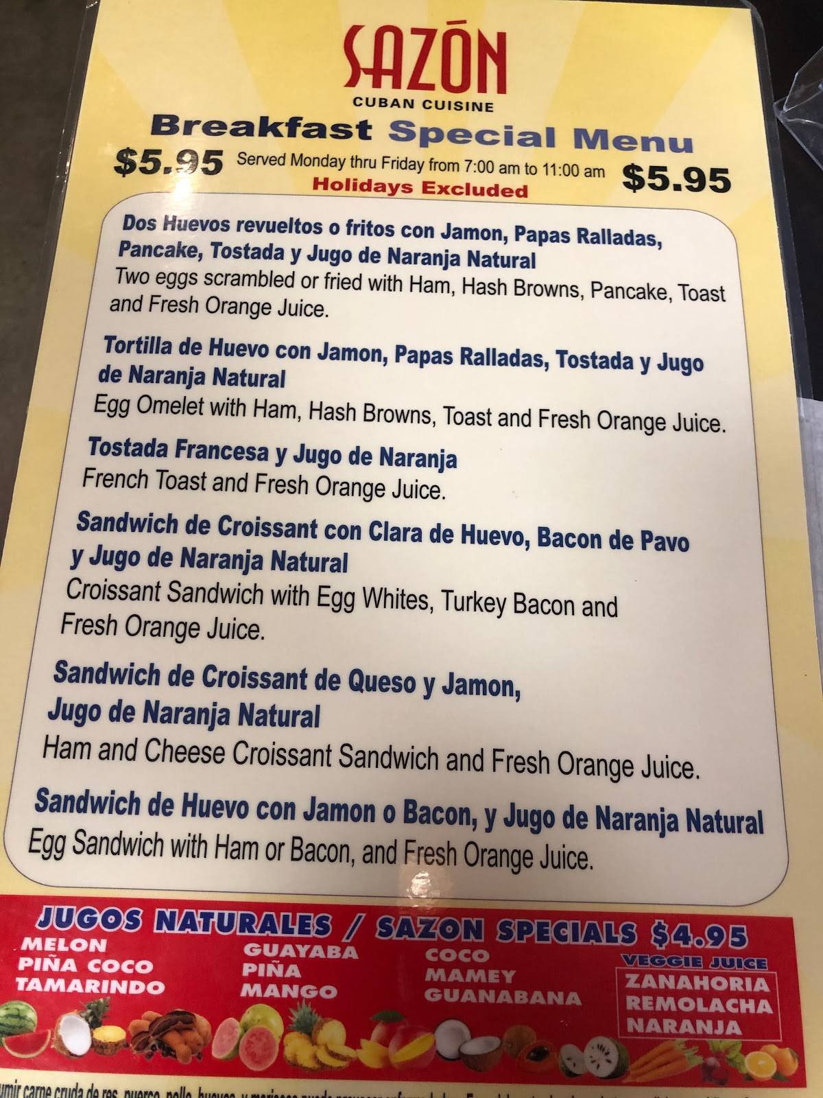 Menu at Sazon Cubano pub & bar, Miami Beach, Collins Ave