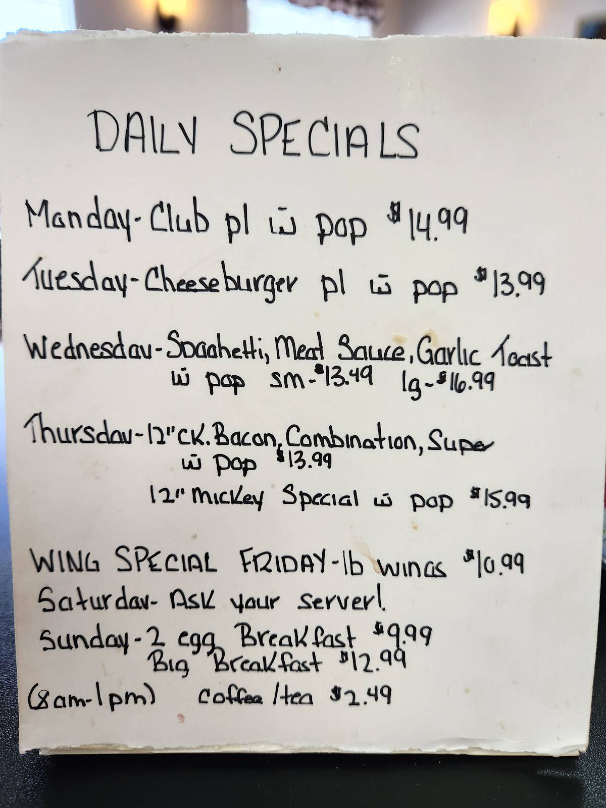 Menu at Mickey D's restaurant, New Waterford