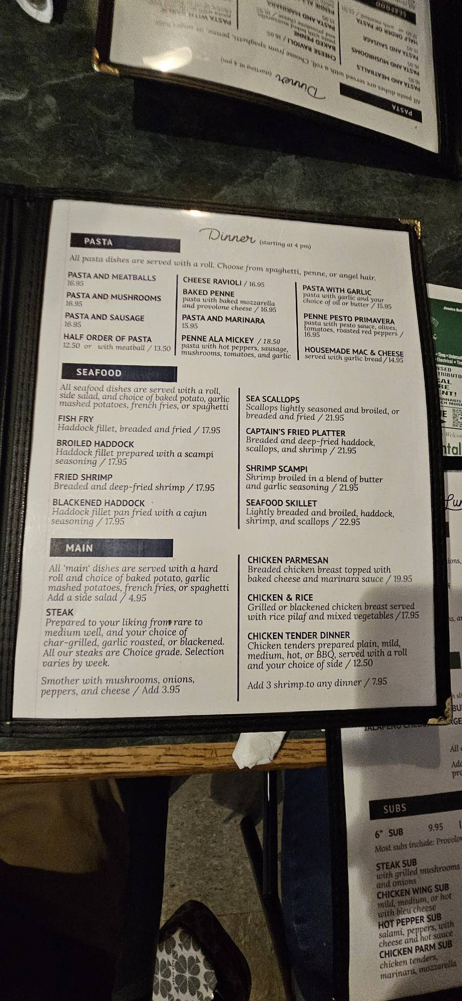 Menu at Mickey's restaurant, Olean