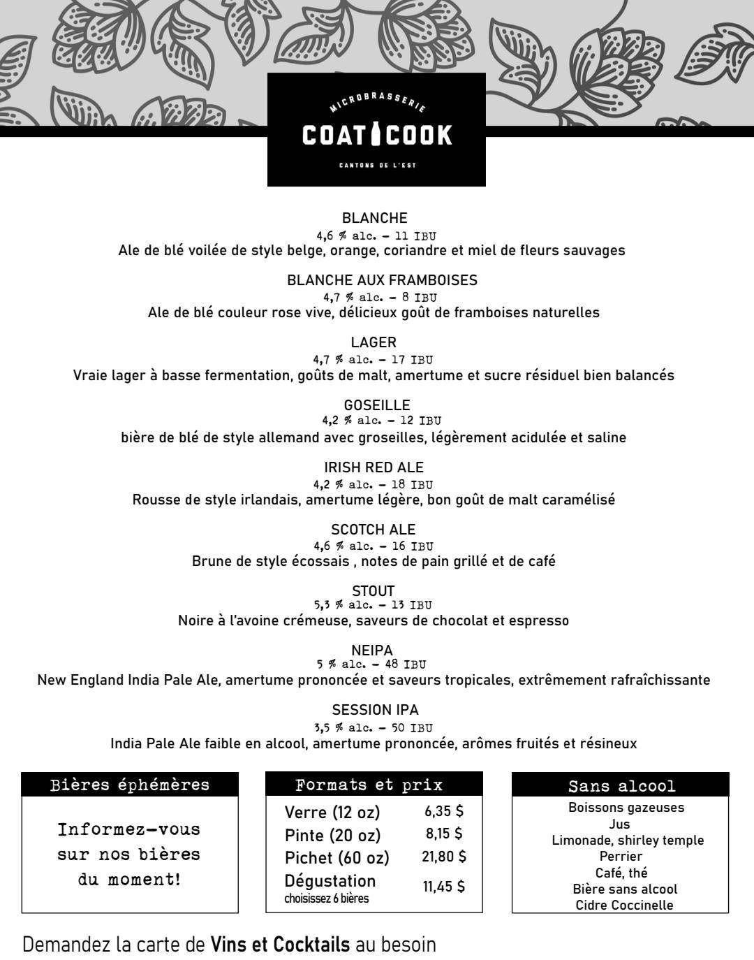 Menu au Microbrasserie Coaticook pub et bar, Coaticook