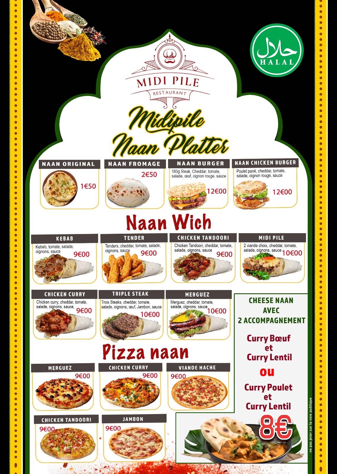 Menu au Midi Pile restaurant, Crépy-en-Valois