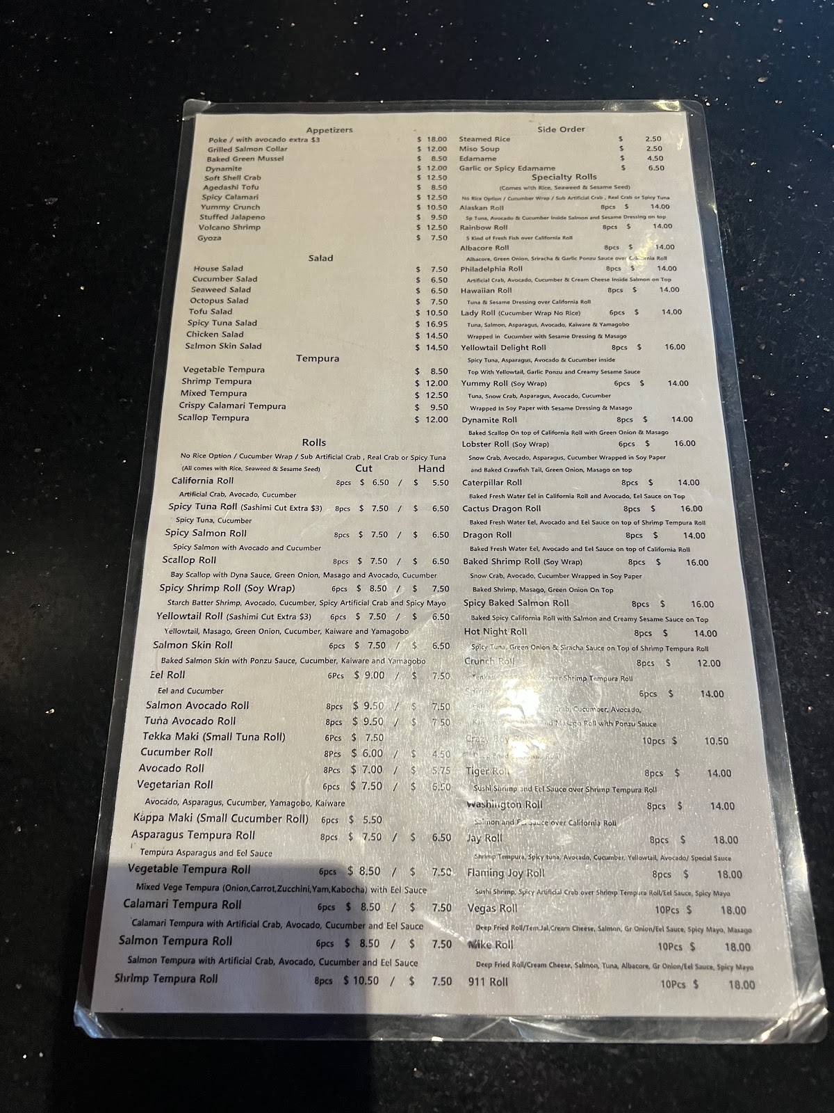 Menu at Mika Sushi restaurant, Camarillo