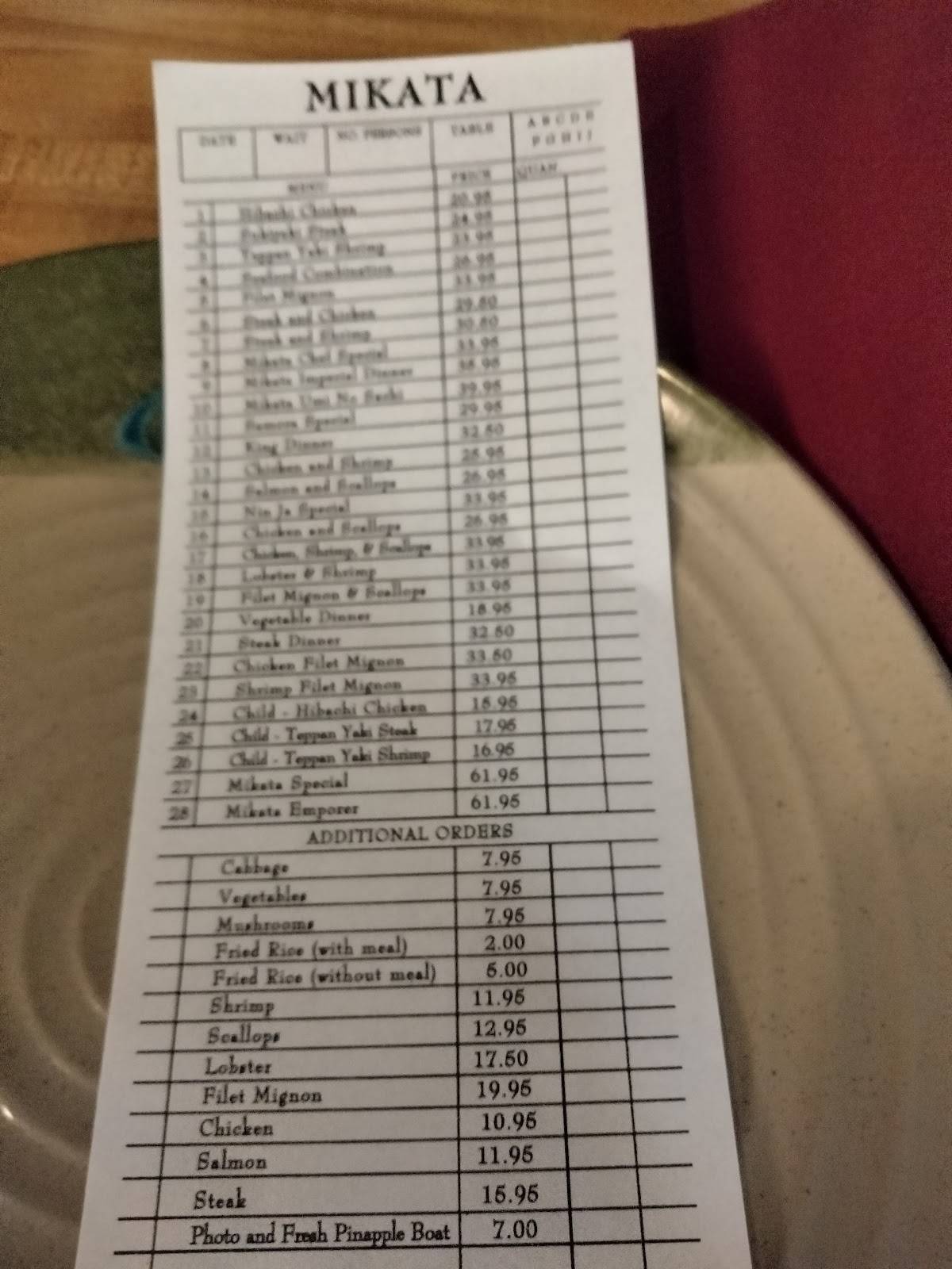 Menu at Mikata Japanese Steakhouse, Dothan