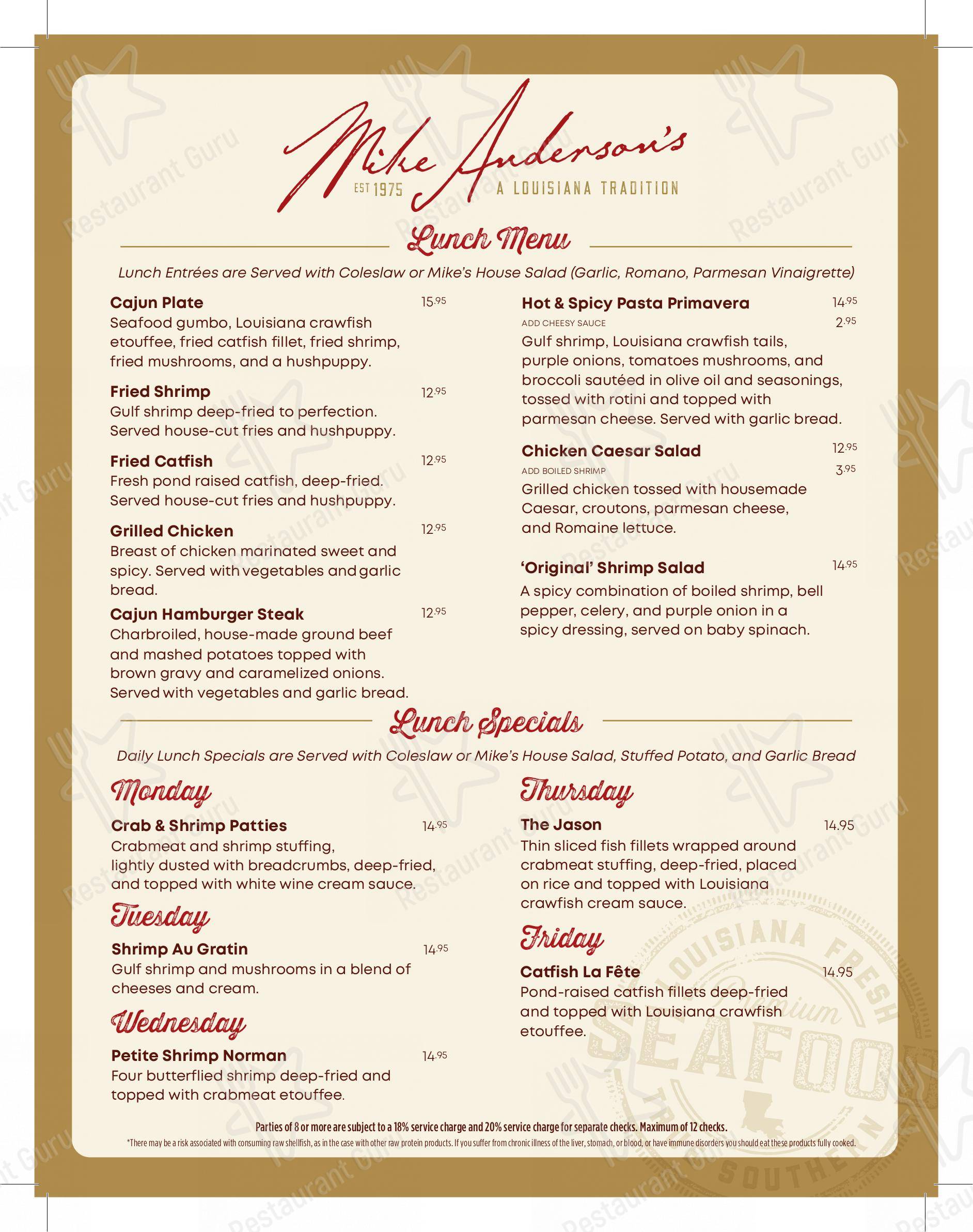 Menu at Mike Anderson's restaurant, Baton Rouge