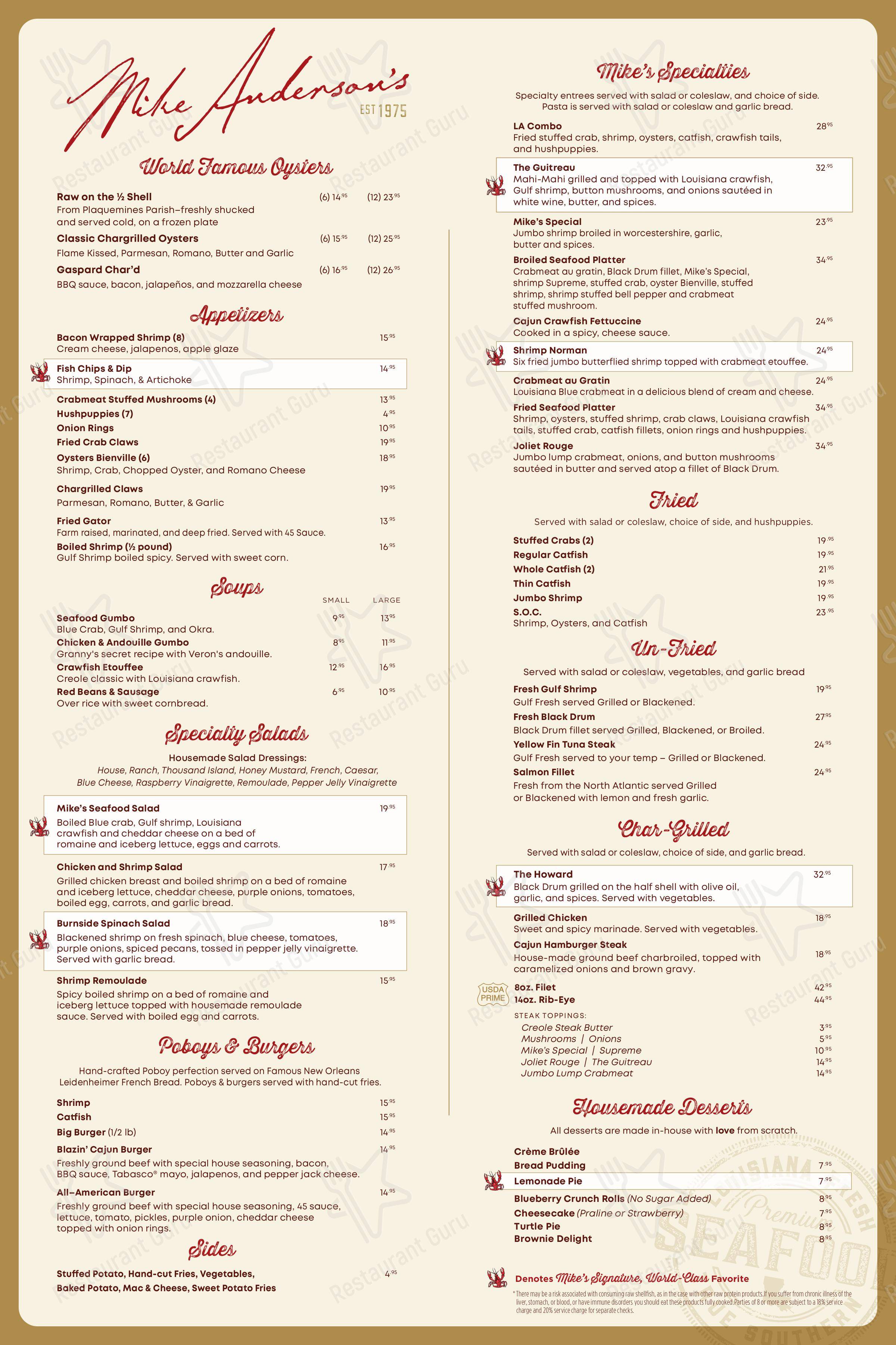 Menu at Mike Anderson's restaurant, Baton Rouge