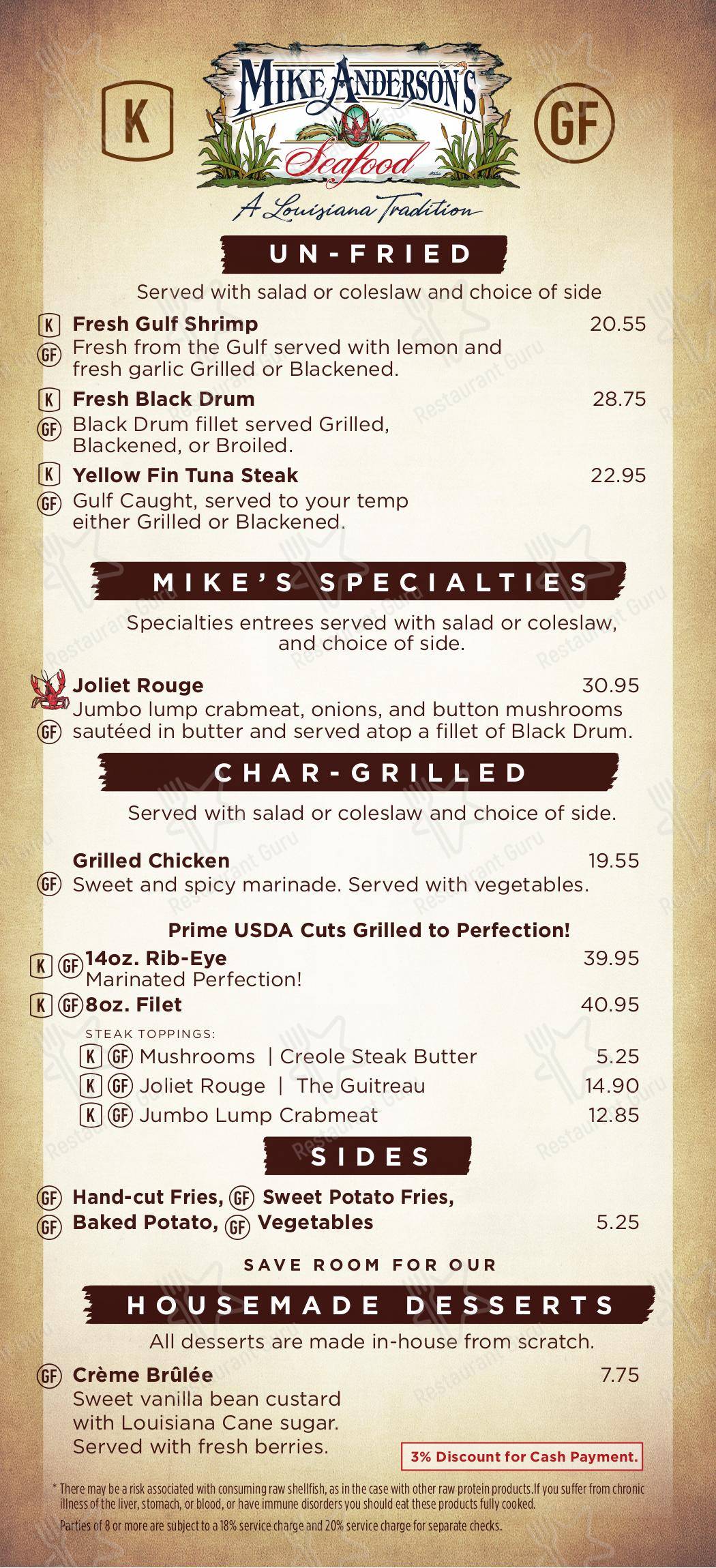 Menu at Mike Anderson's restaurant, Baton Rouge