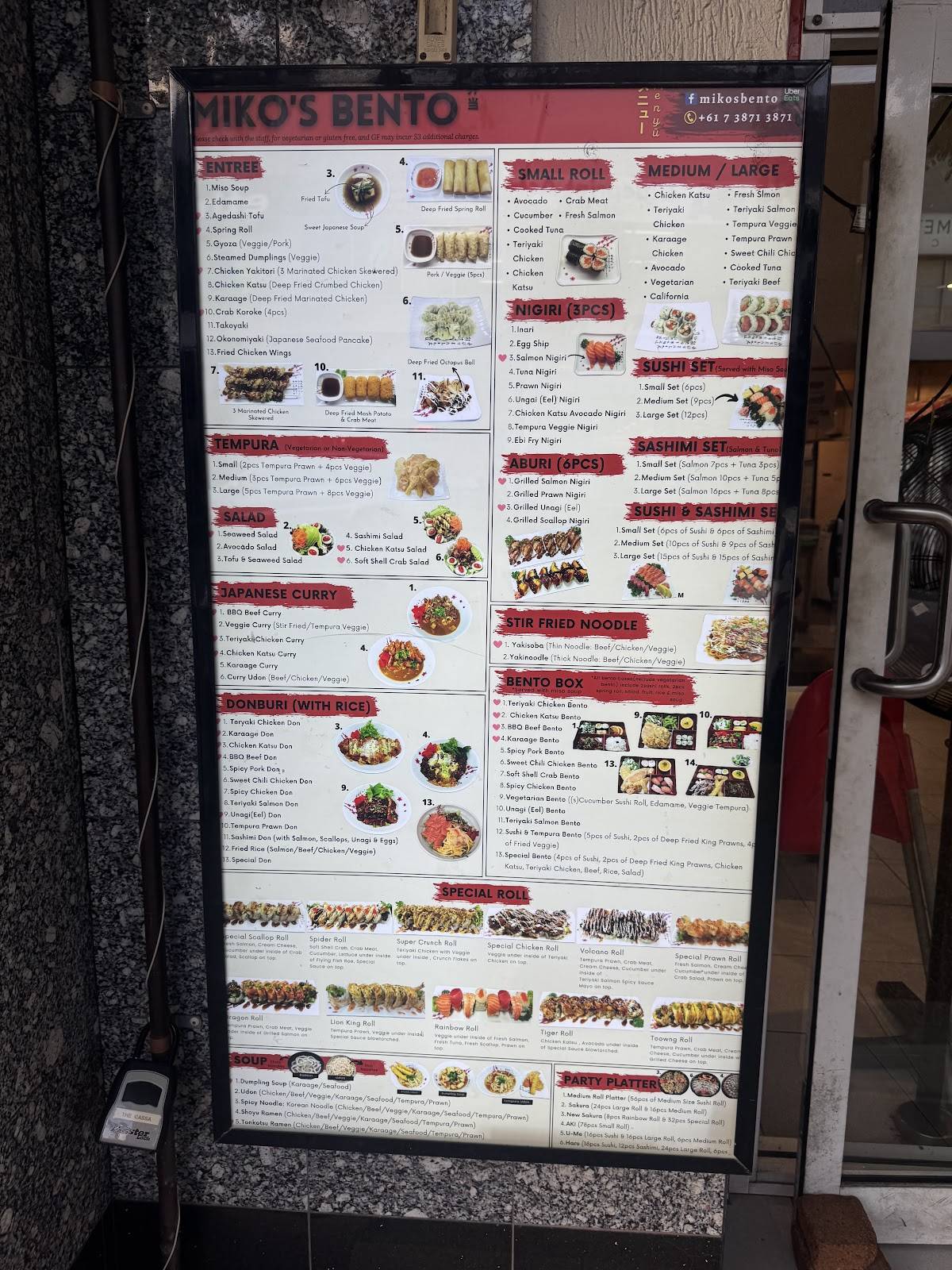 Menu at Miko's Bento restaurant, Toowong