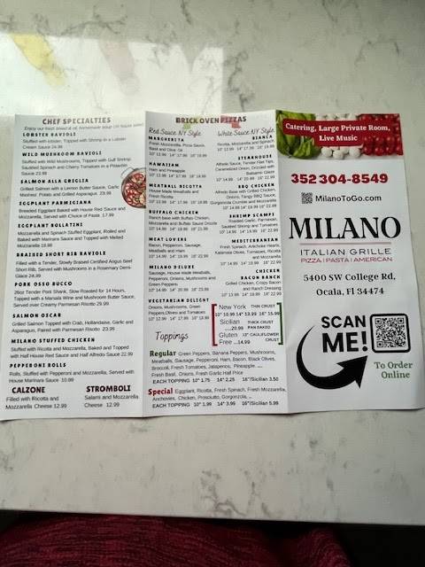 Menu at Milano Italian Grille pizzeria, Ocala