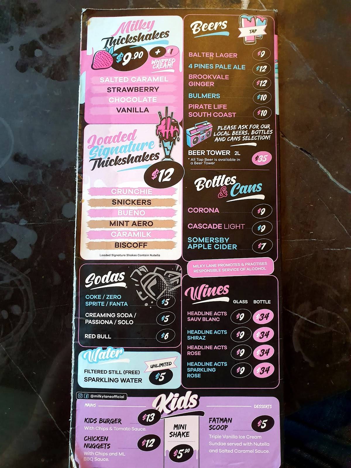 Carta del restaurante Milky Lane Elizabeth Quay, Perth