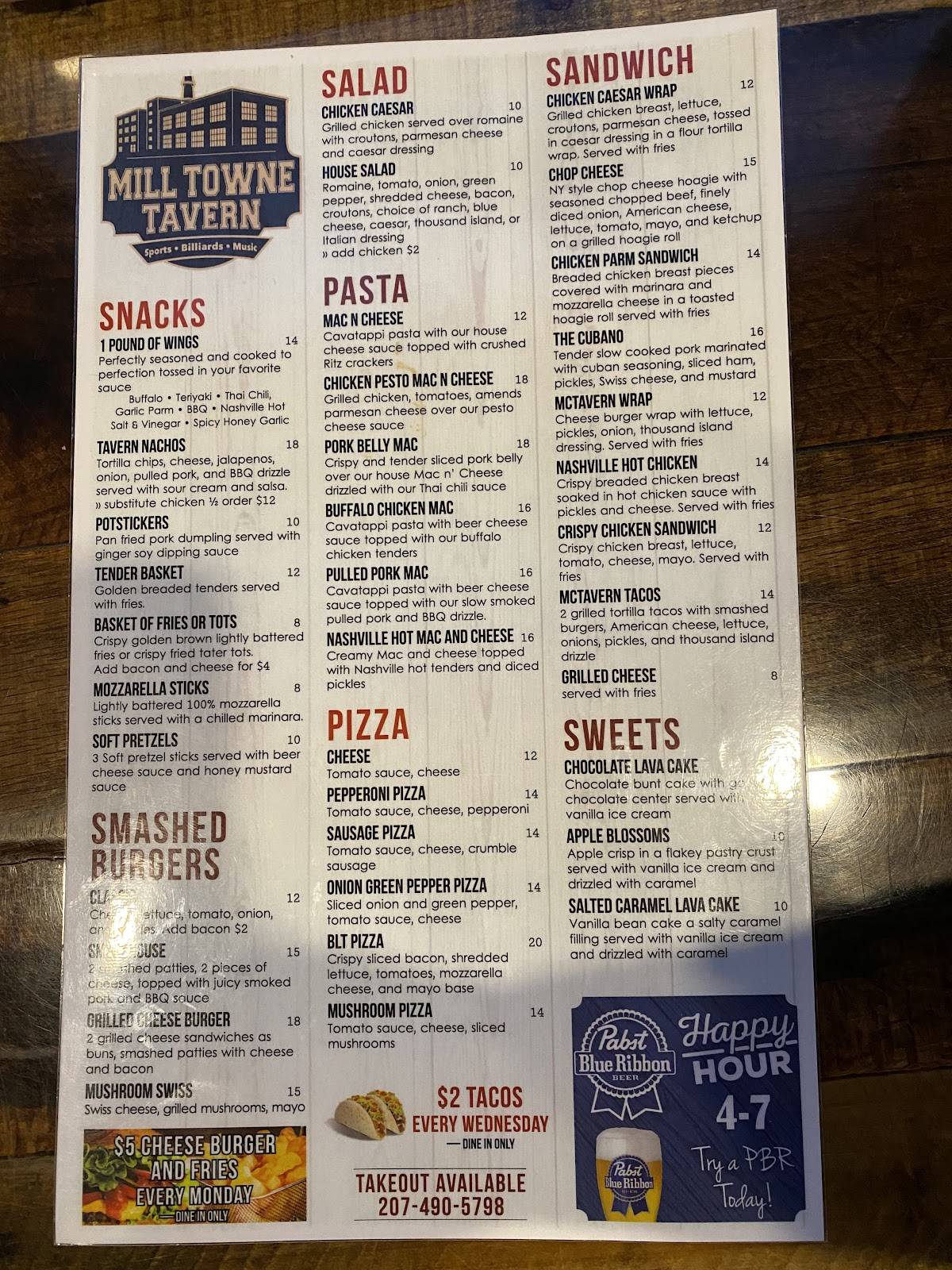 Menu at Mill Towne Tavern and Billiards pub & bar, Sanford