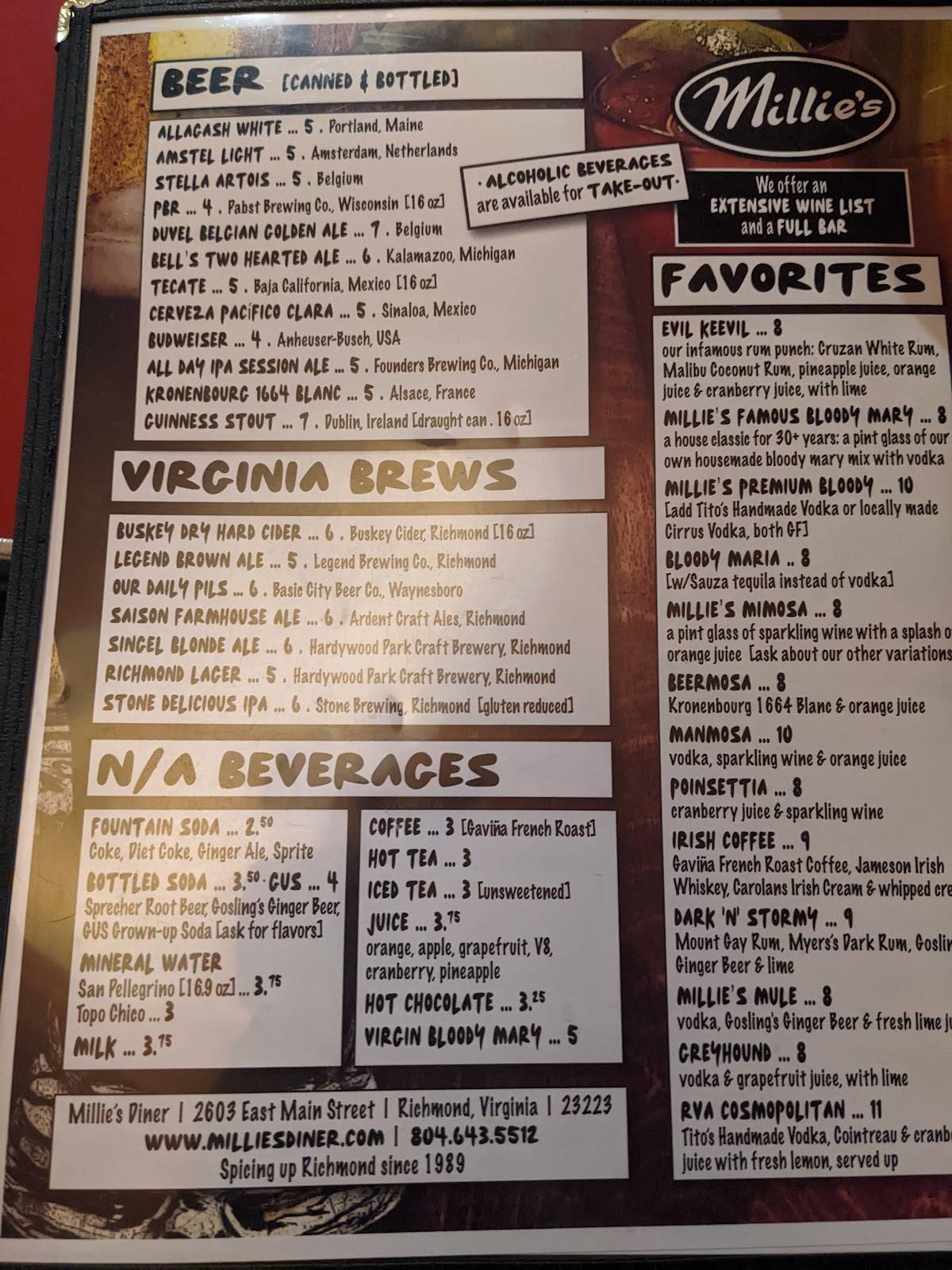Menu at Millie's Diner restaurant, Richmond