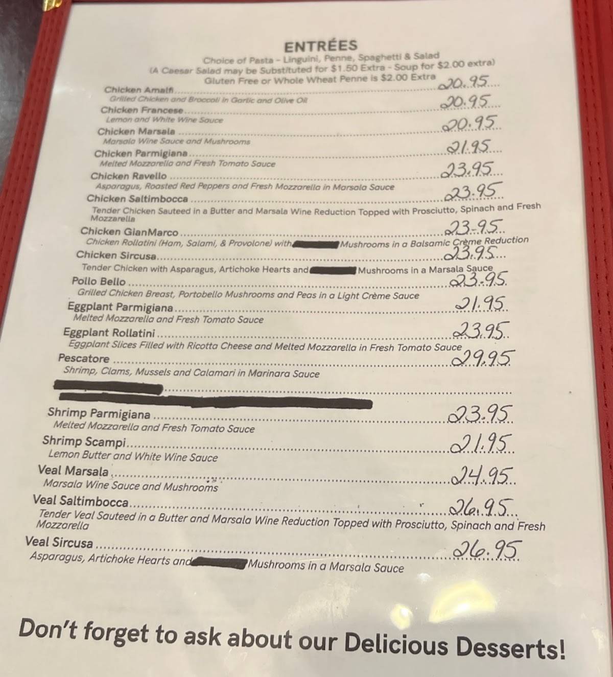 Menu at GianMarco's restaurant, Millstone