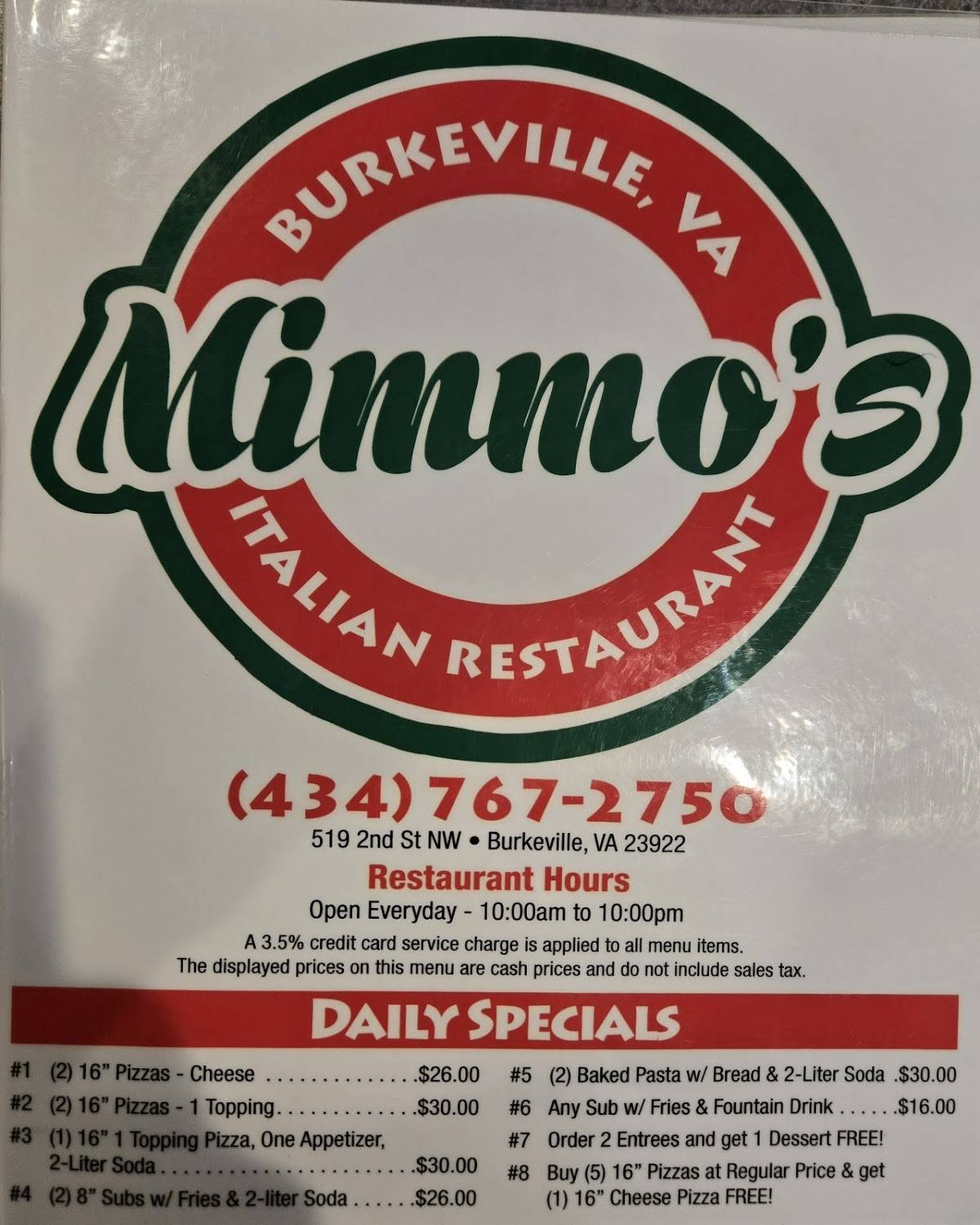 Menu at Mimmo's Italian Restaurant, Burkeville, 519 E Nunnally St