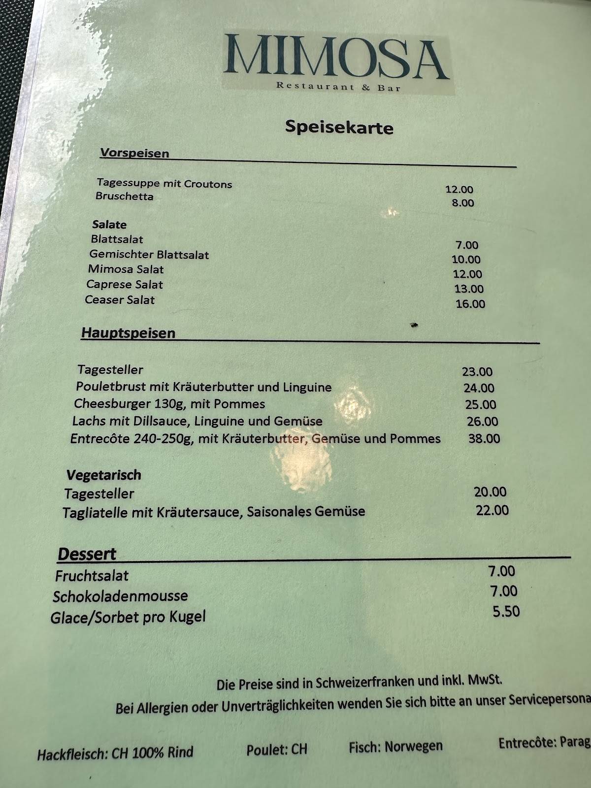 Speisekarte von Mimosa Restaurant & Bar, Basel