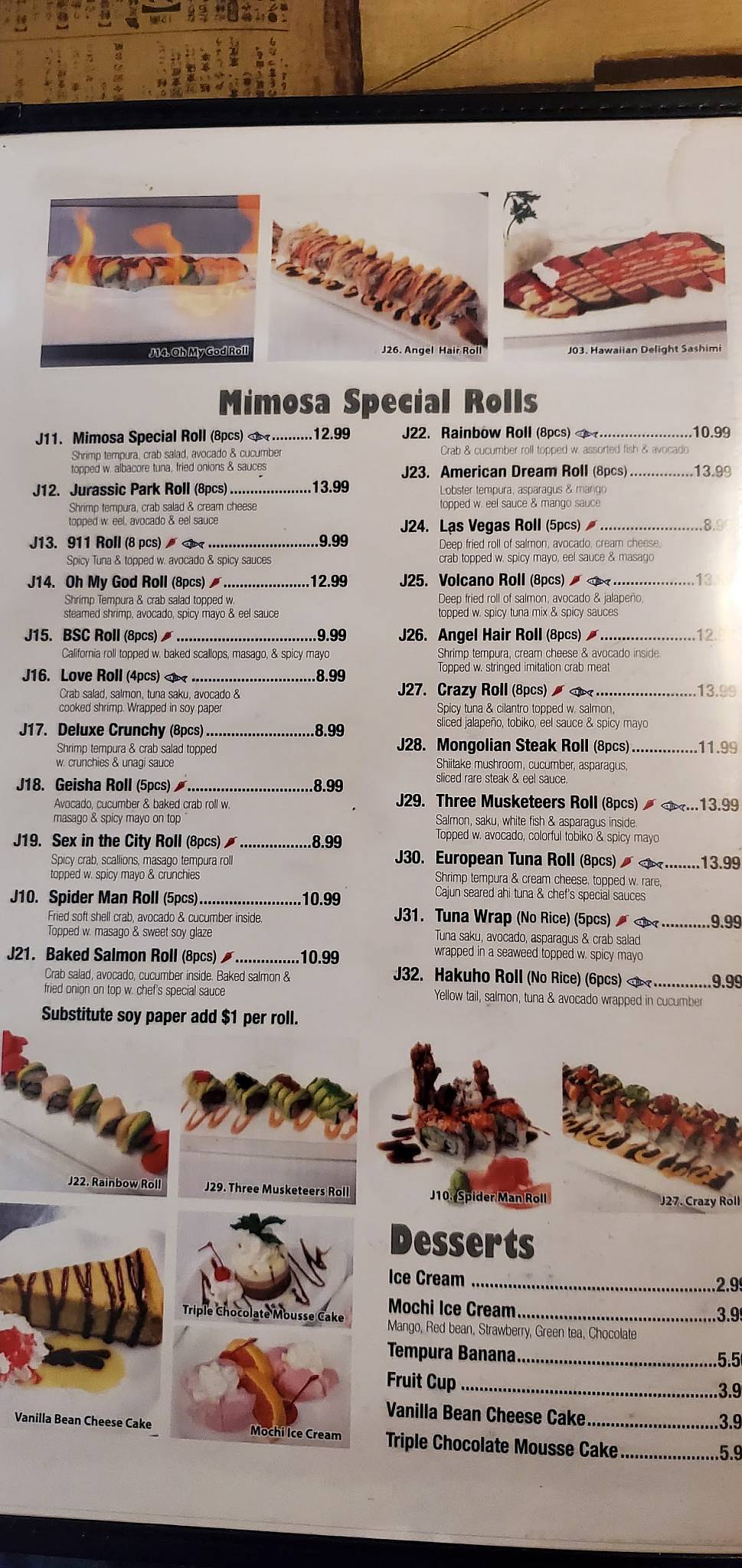 Menu at Mimosa restaurant, Springfield