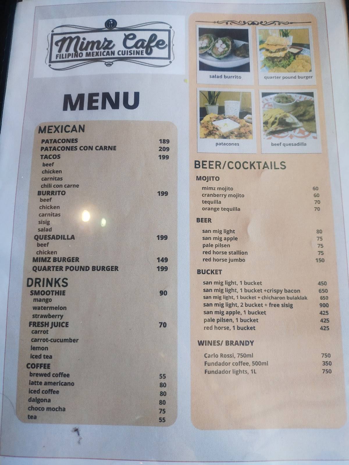 Menu at Mimz Cafe, Baguio
