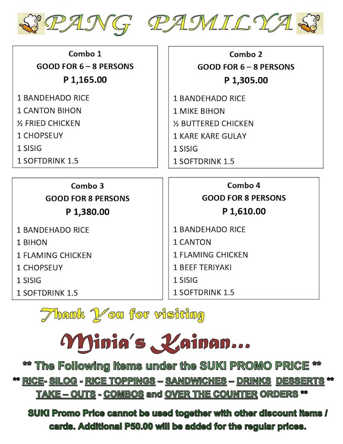 Menu at Minia's Kainan at Meriendahan restaurant, Hagonoy, RQQ3+H4P