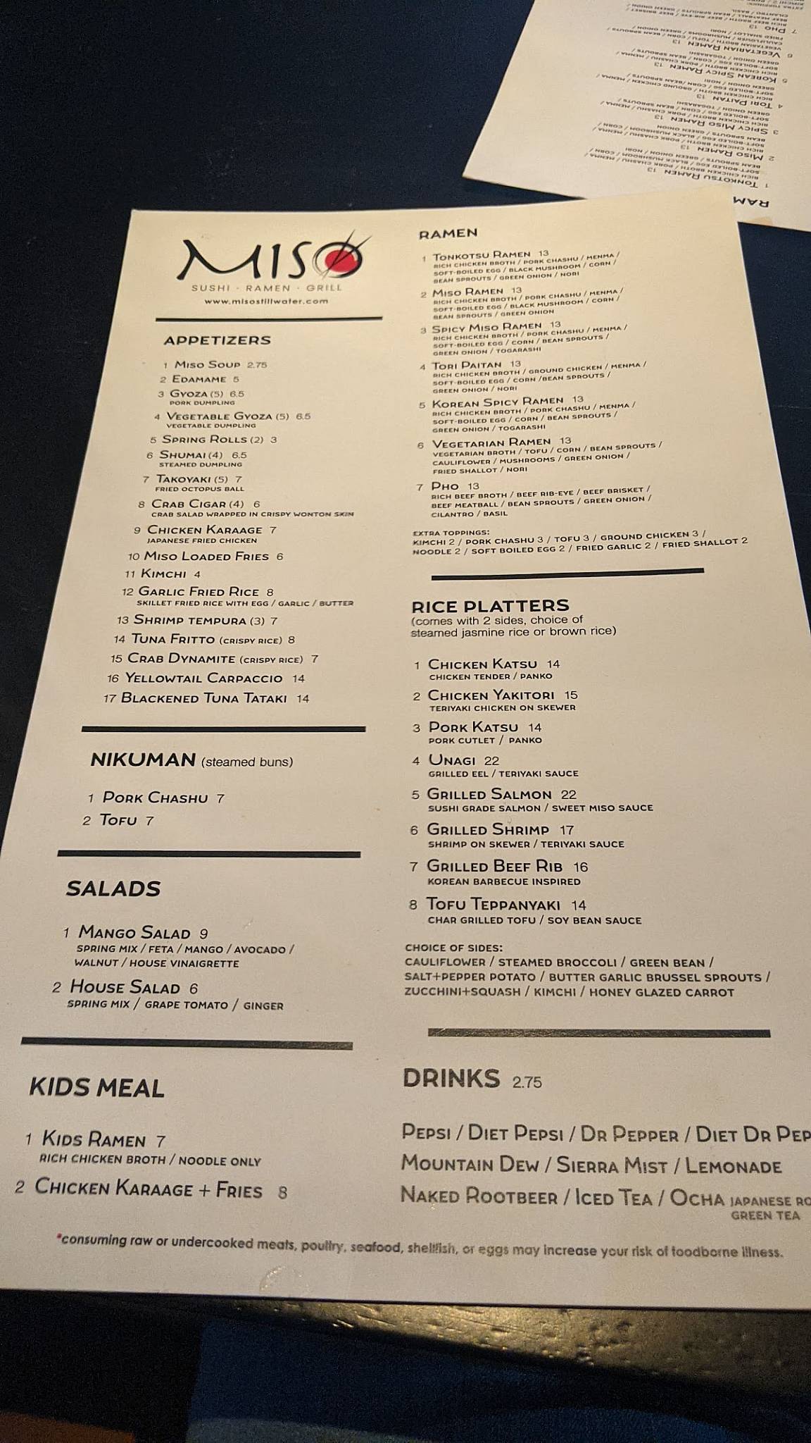 Menu at Miso Sushi, Ramen, Grill restaurant, Stillwater