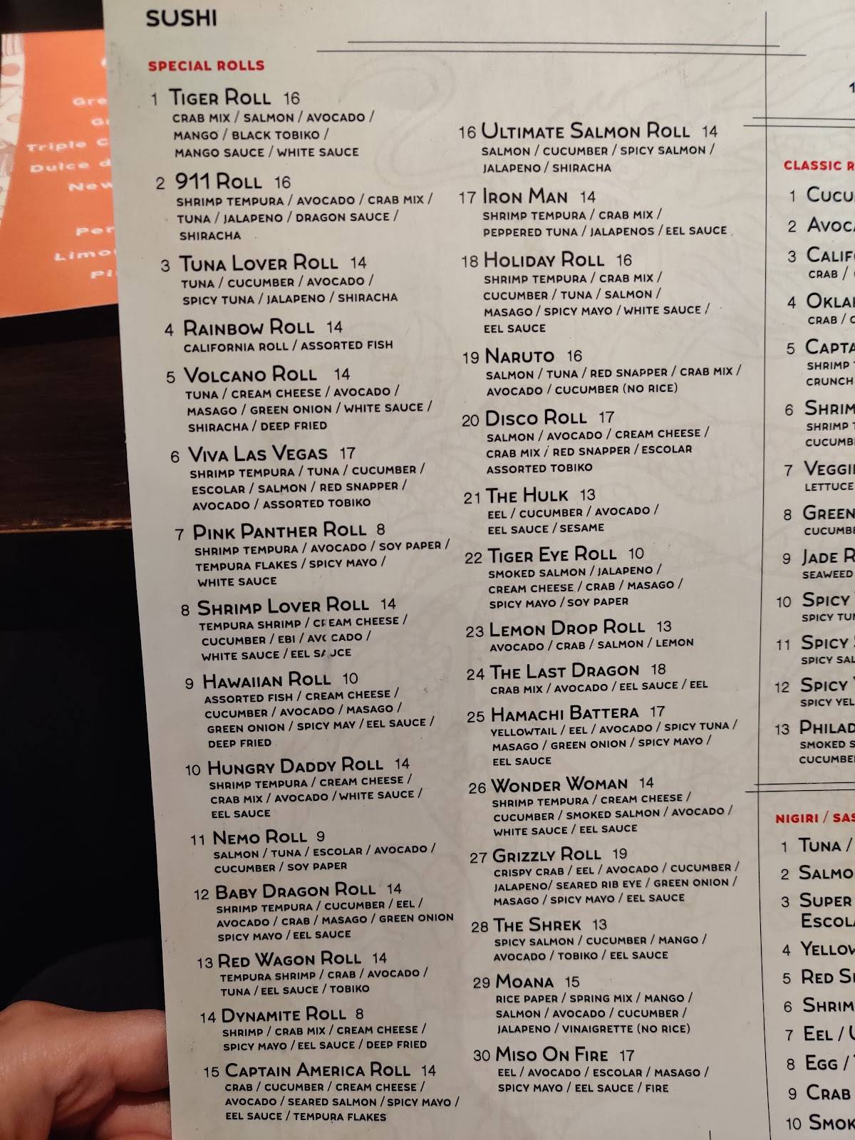 Menu at Miso restaurant, Stillwater