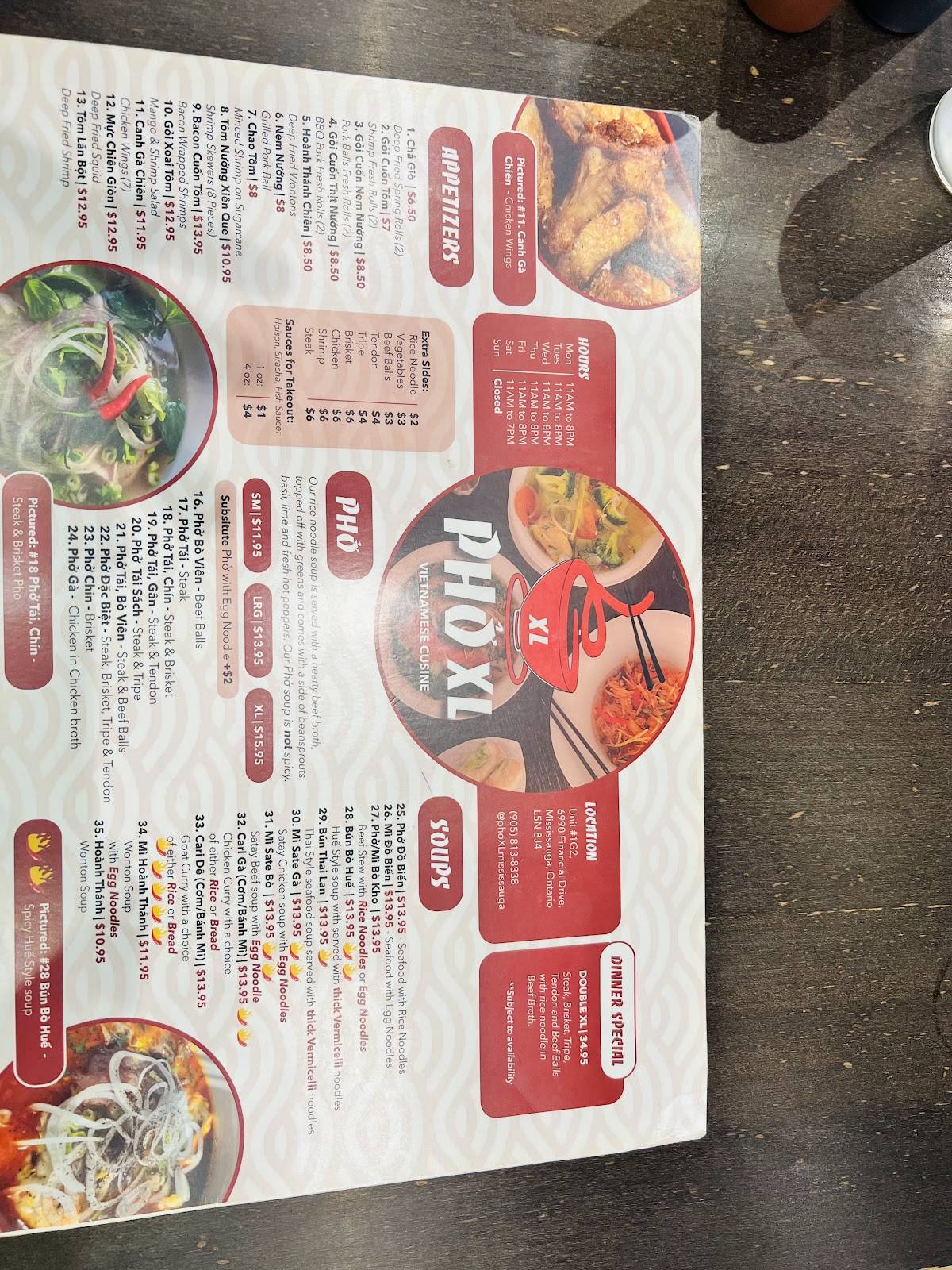 Menu at PHO XL restaurant, Mississauga