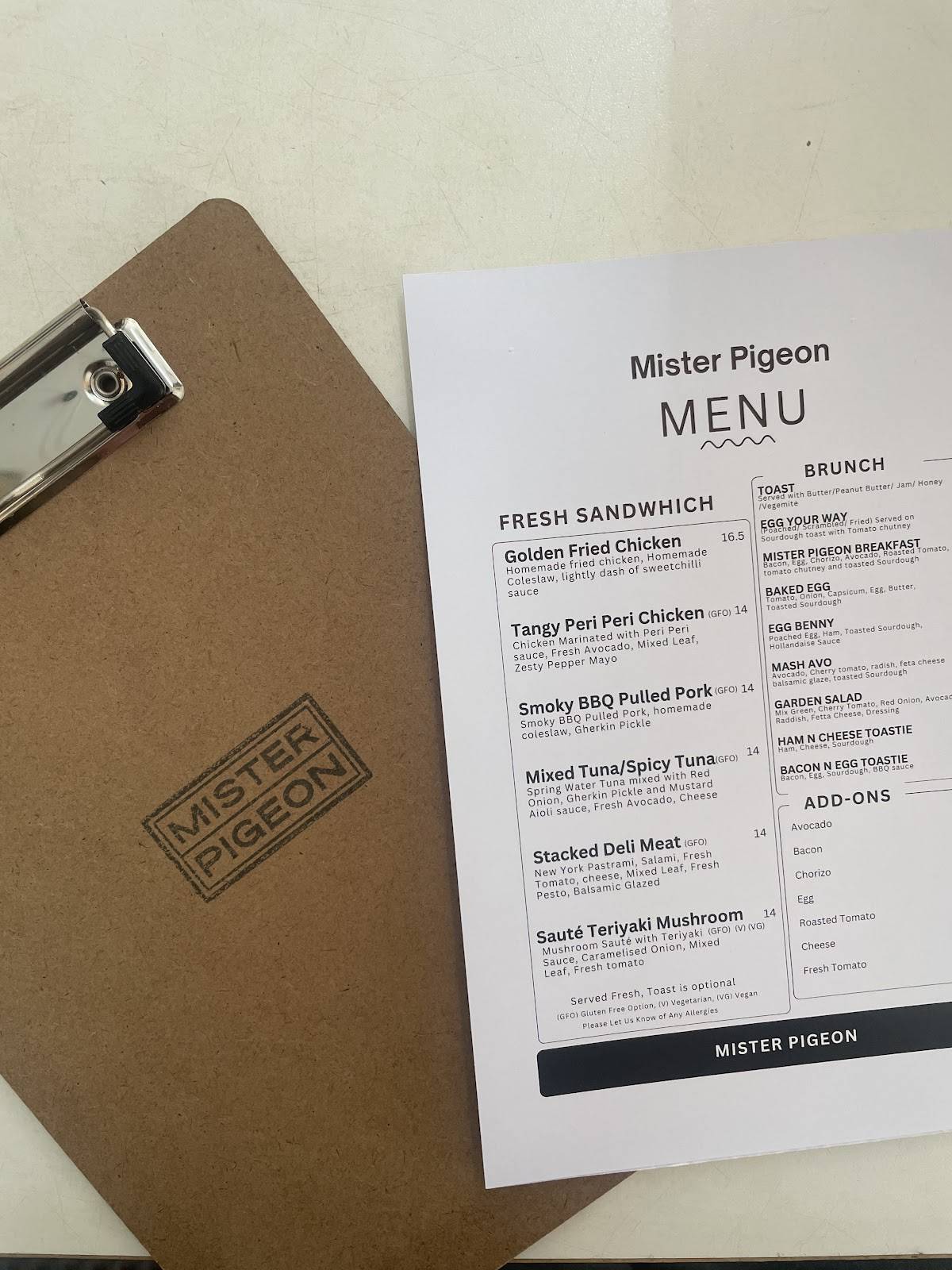 Menu at Mister Pigeon cafe, Adelaide