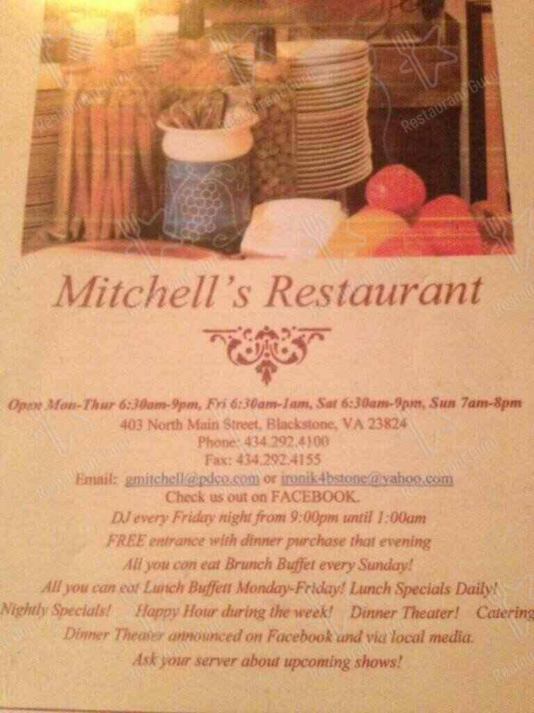 Menu at Mitchells Restaurant, Blackstone