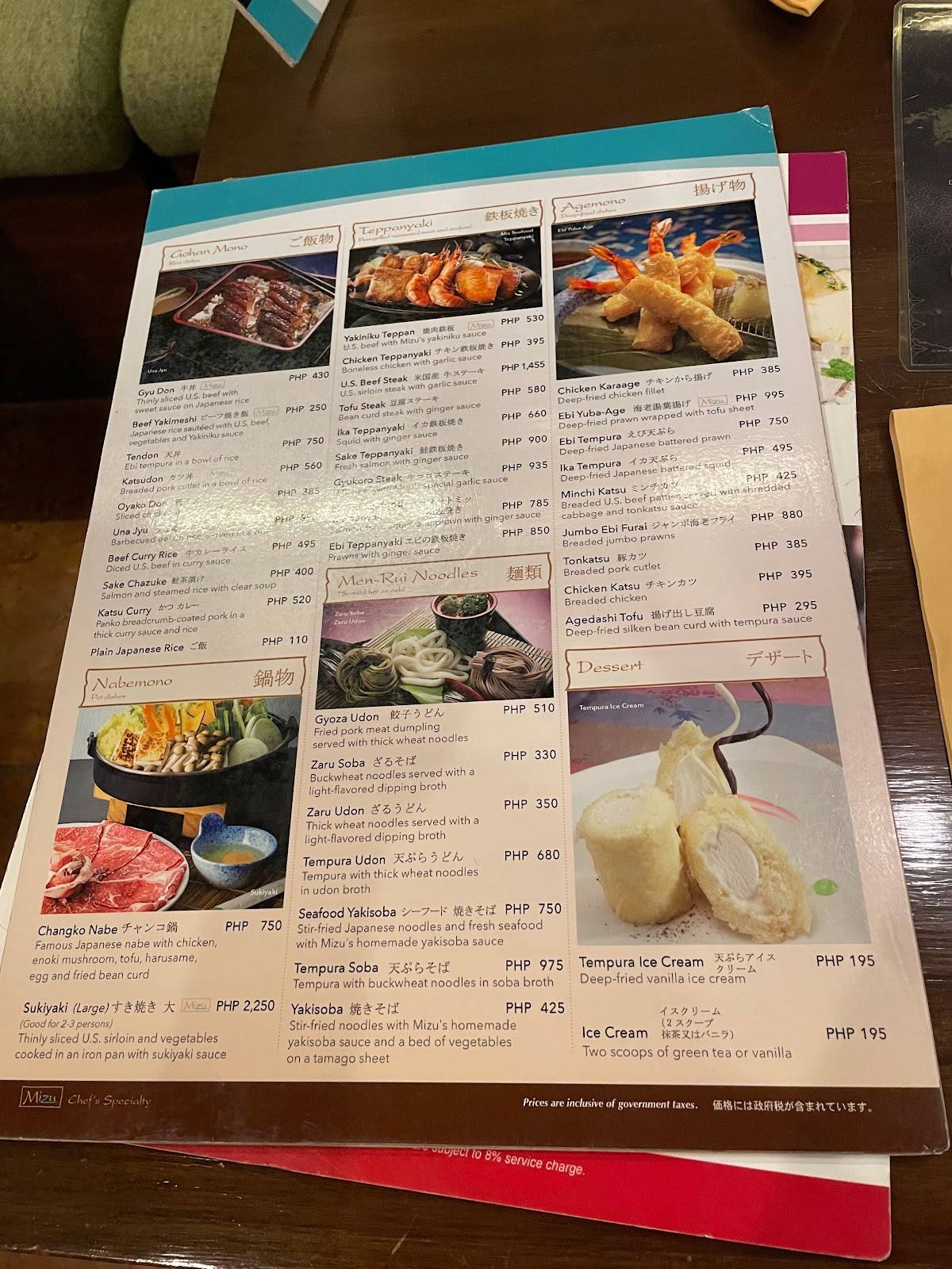 Menu at Mizu restaurant, Cebu City, 8WG4+74J