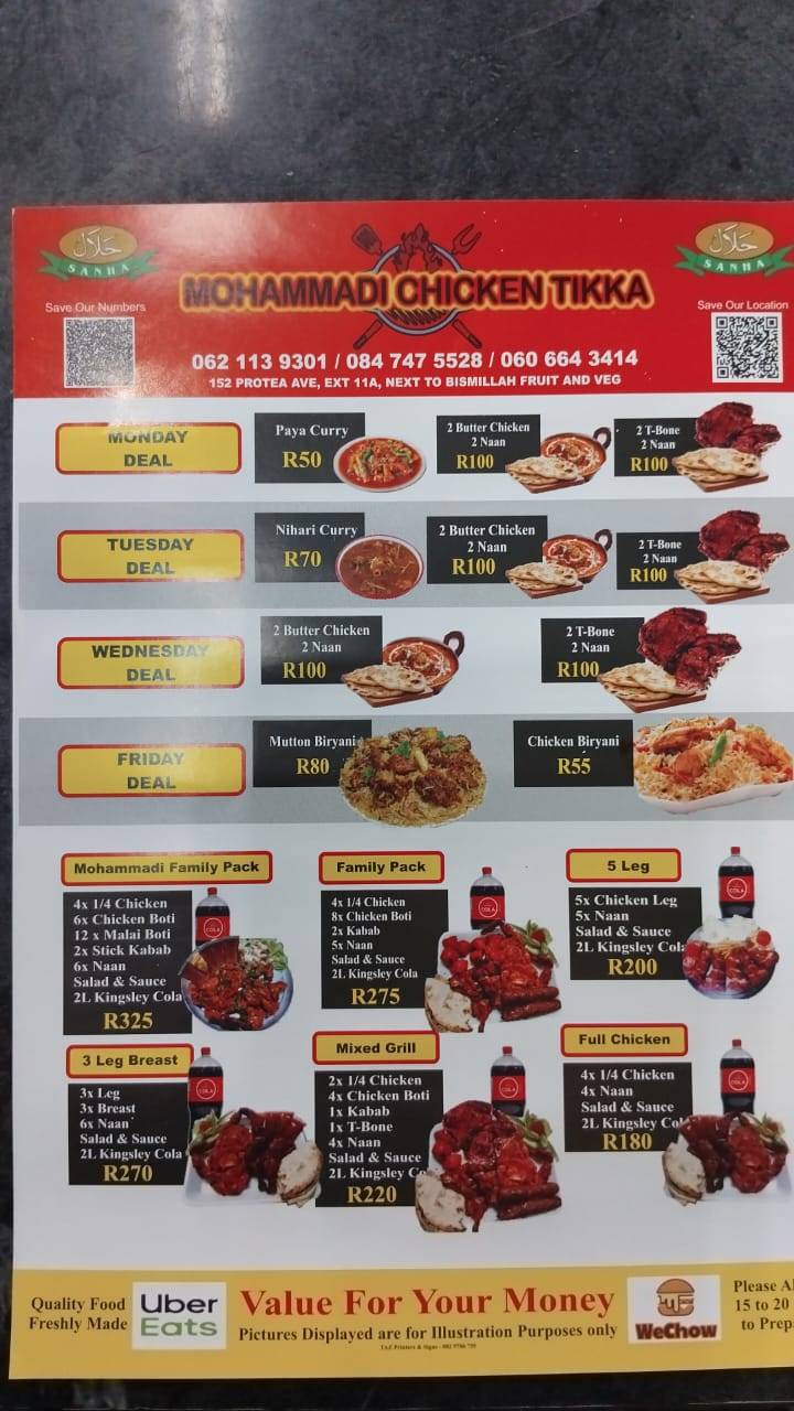 Menu at Mohammadi Chicken Tikka restaurant, Lenasia