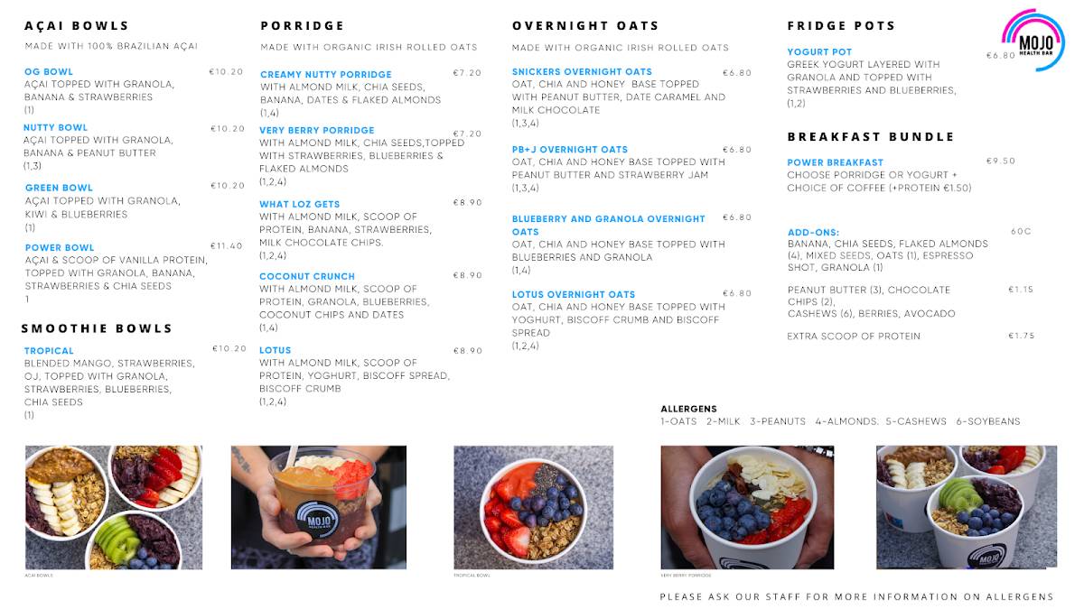 Menu at Mojo Health Bar, Dublin