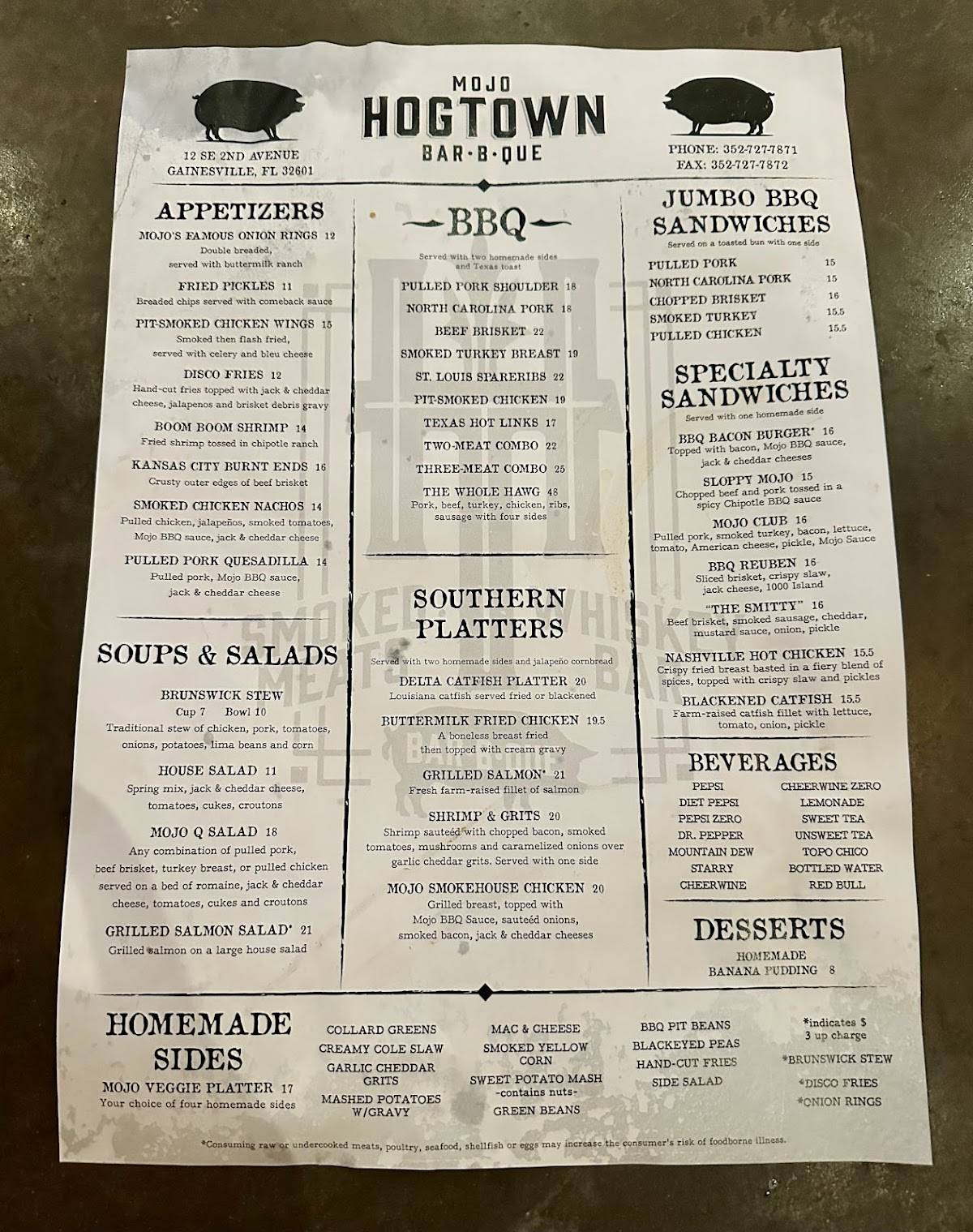 Menu at Mojo Hogtown Bar-B-Que, Gainesville