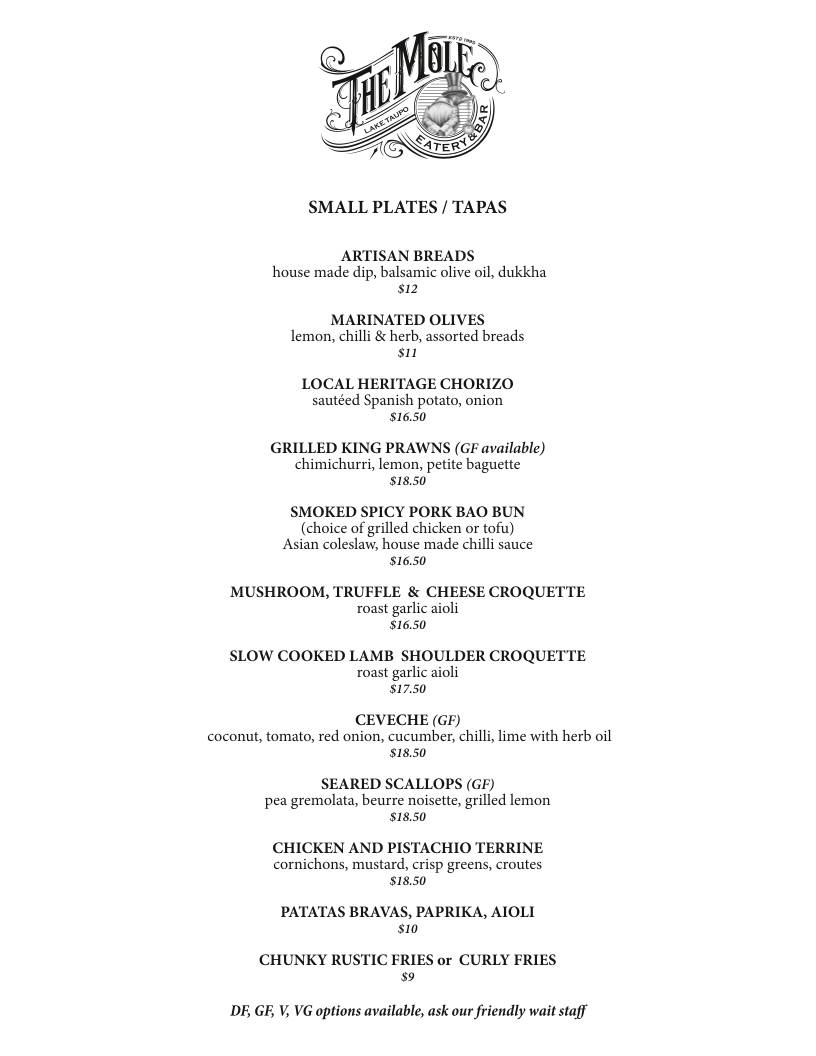 Menu at Mole & Chicken restaurant, Taupo