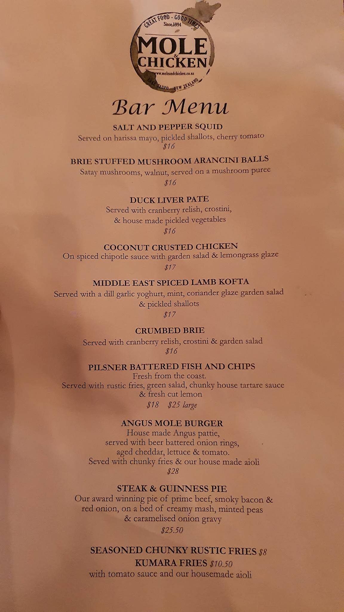 Menu at Mole & Chicken restaurant, Taupo