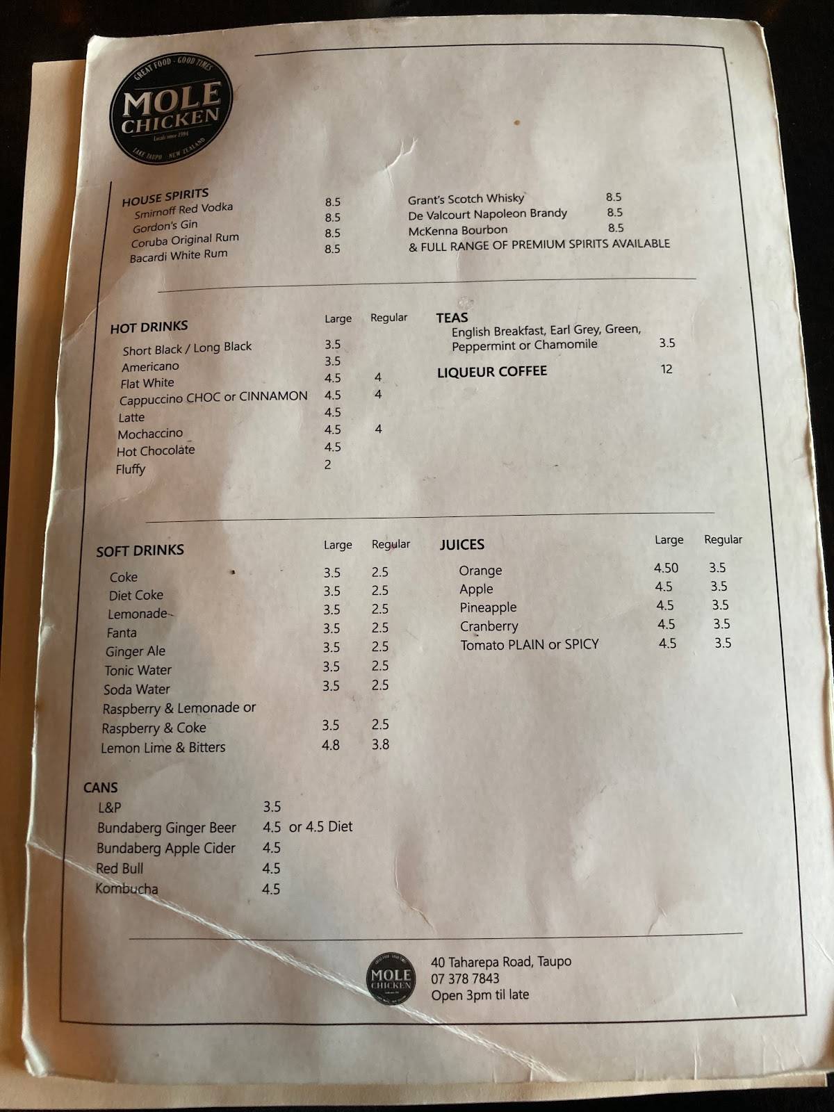 Menu at Mole & Chicken restaurant, Taupo