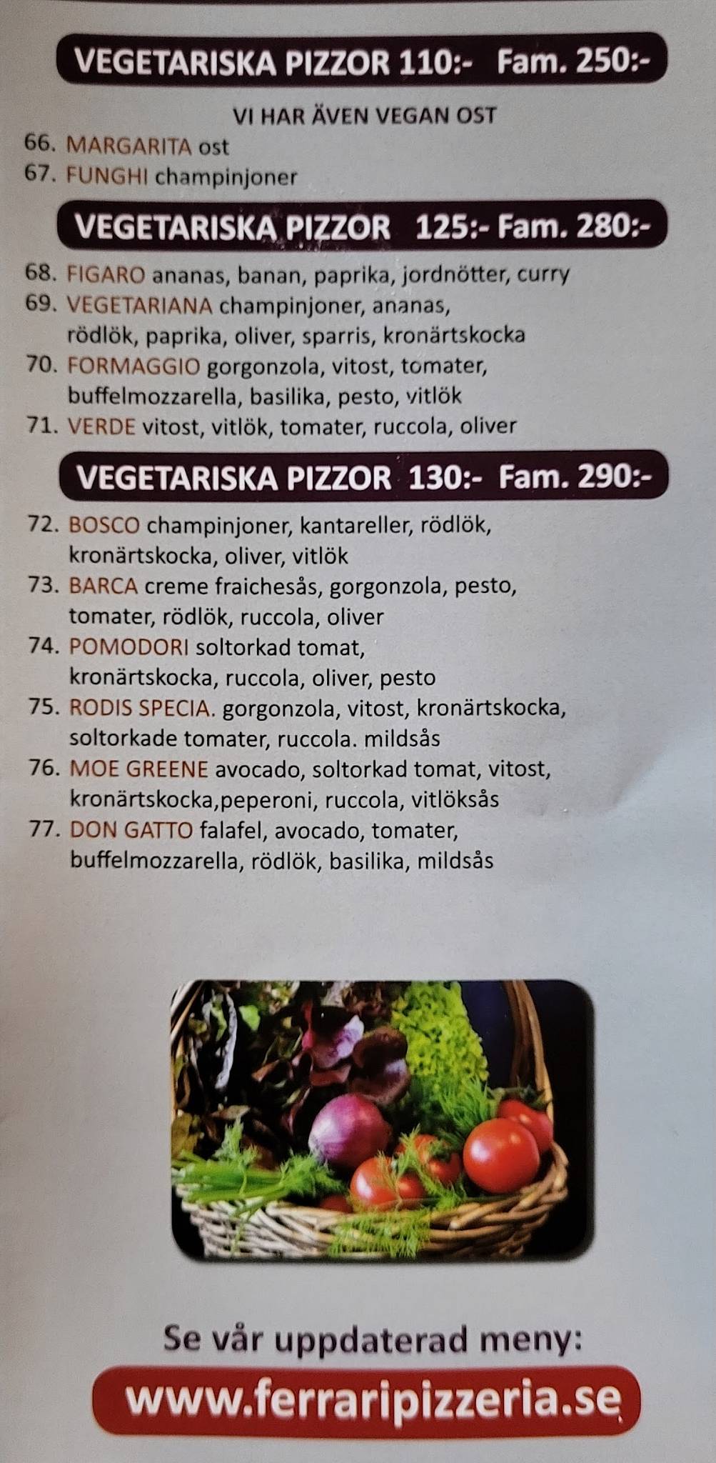 Menu at Pizzeria Ferrari, Mölnlycke